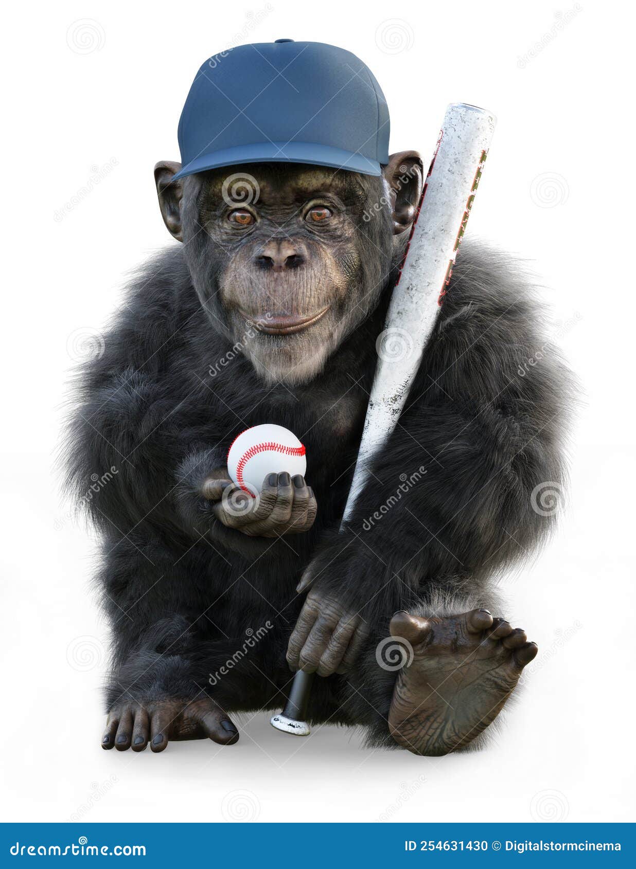 Portrait Of A Cute Little Monkey Posing With Baseball Gear On A White ...