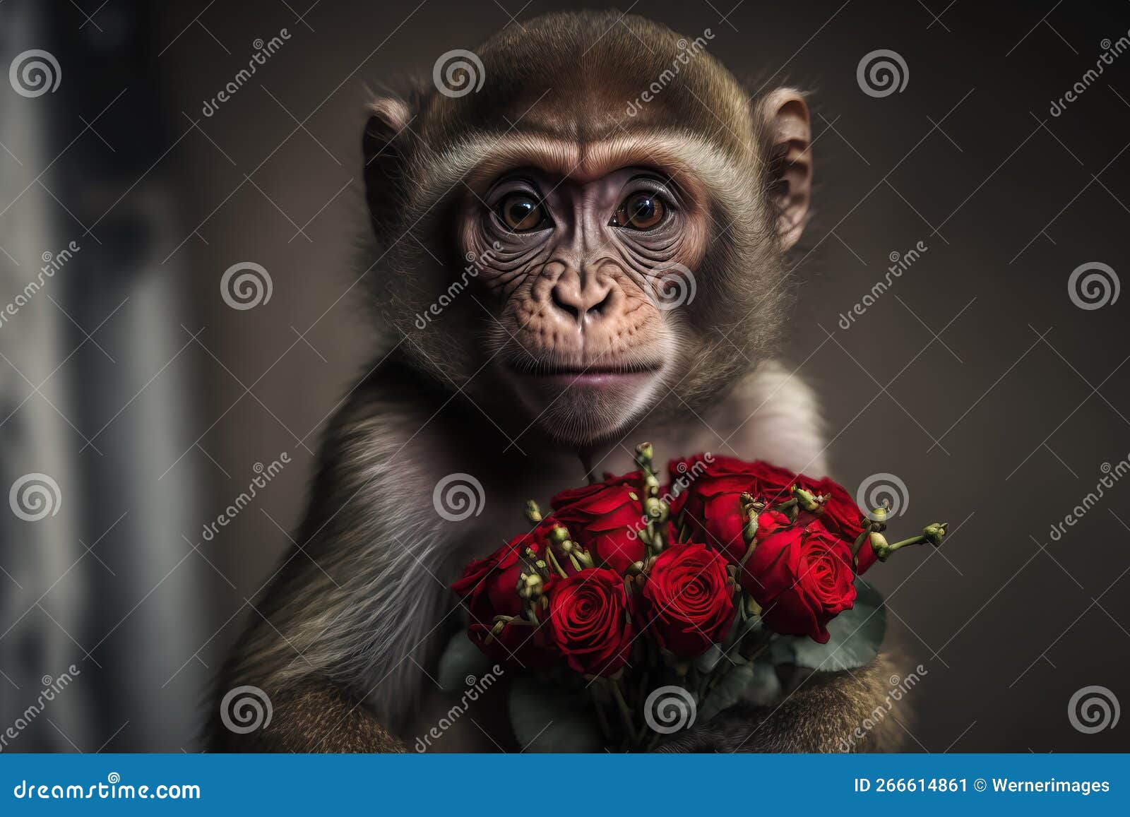 Portrait of a Cute Monkey with Red Roses, Ai Generated Stock Image ...