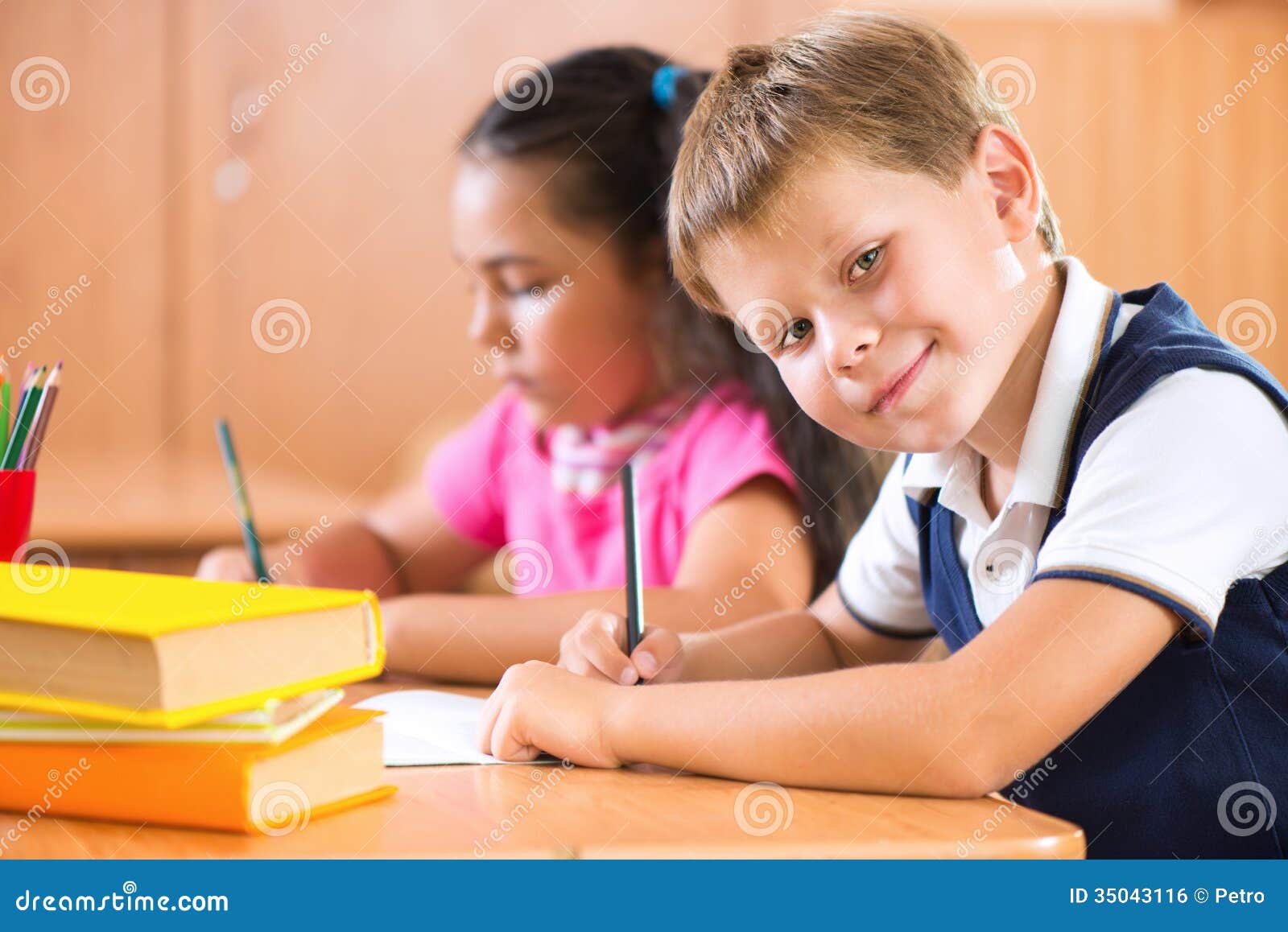 Portrait of Cute Schoolboy during Lesson Stock Photo - Image of ...