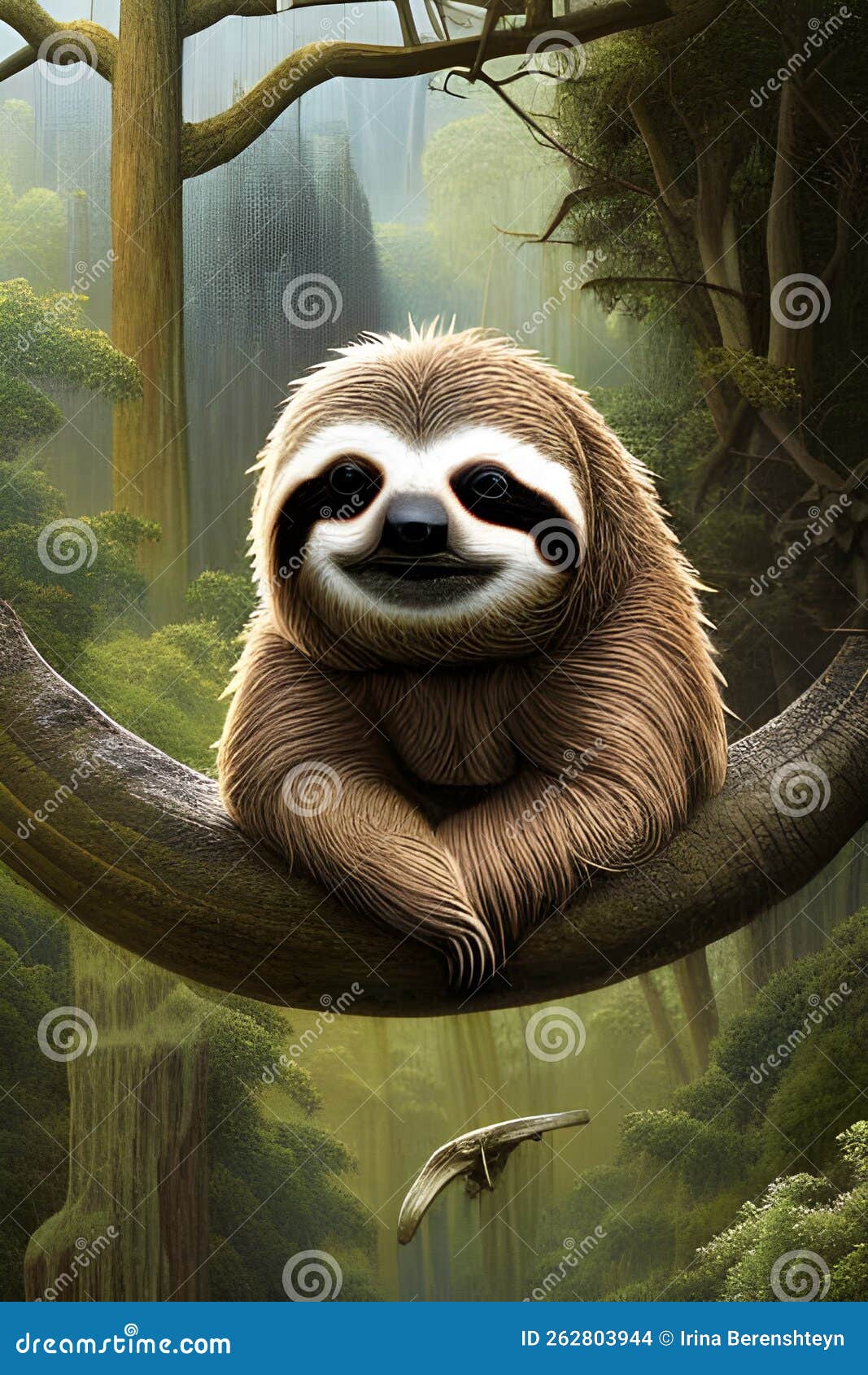 Portrait of a Cute Sloth in the Forest. Digital Illustration Stock ...