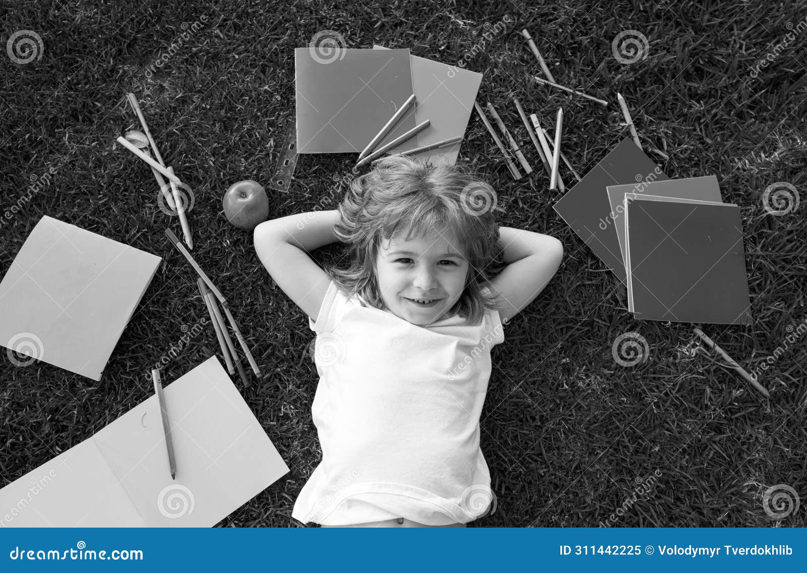 Portrait of Cute Smart Clever School Boy Nerd Doing Homework, Lie on ...