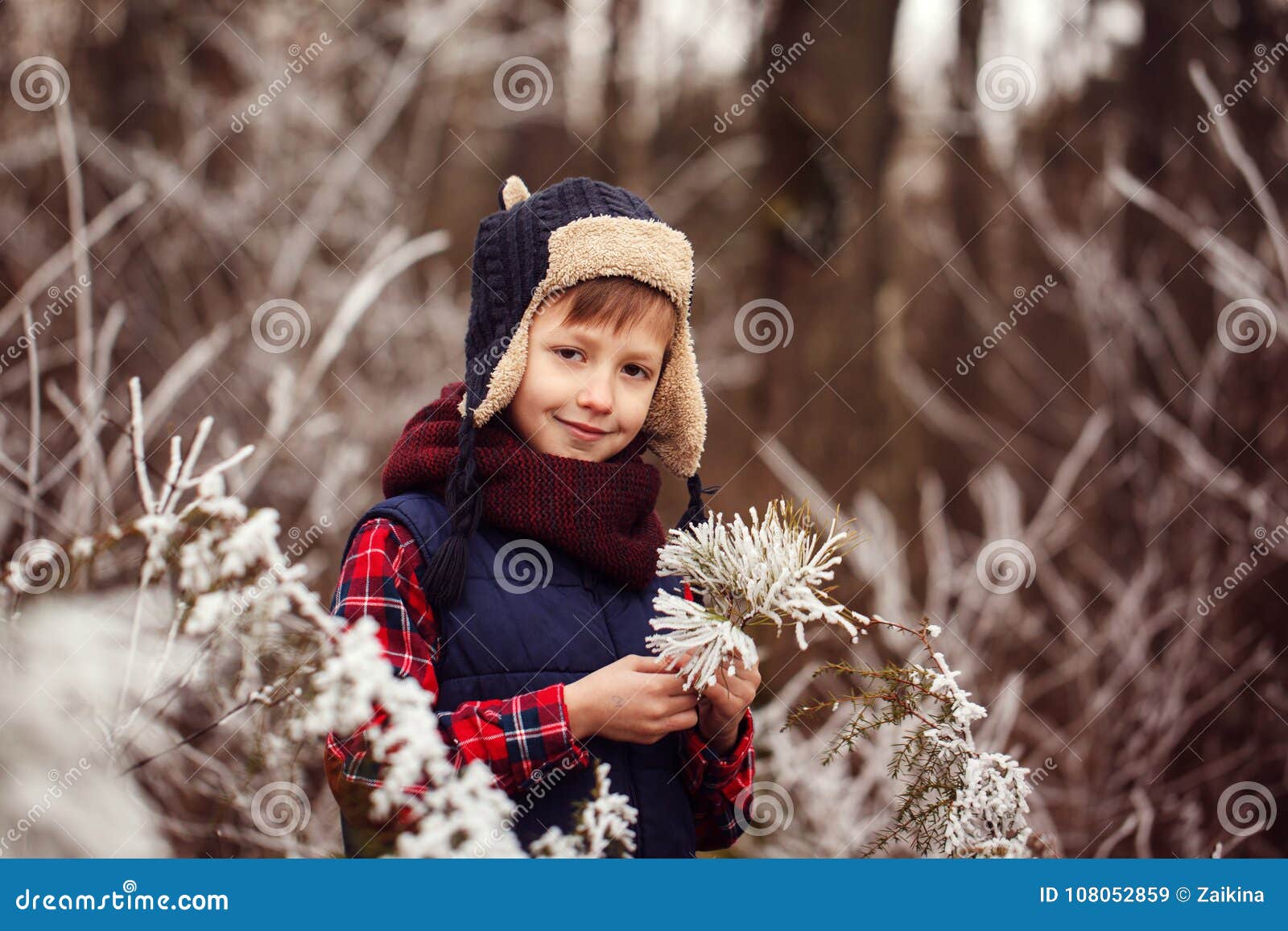 Portrait Cute Smiling Boy in Warm Winter Forest Stock Image - Image of ...