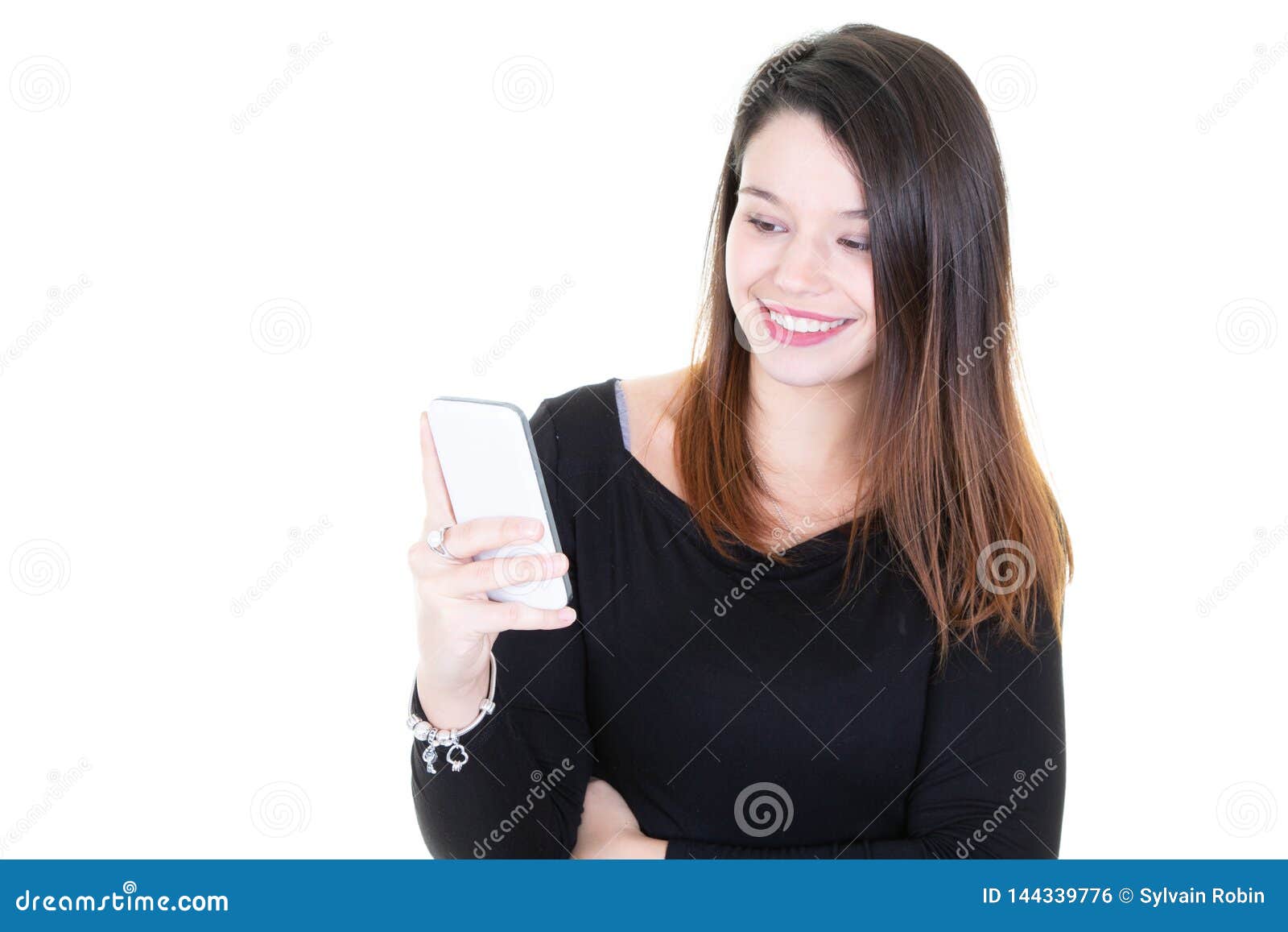 Portrait of Cute Smiling Young Woman Texting in Smartphone Stock Photo ... Portrait of Cute Smiling Young Woman Texting in Smartphone Stock Photo ...
