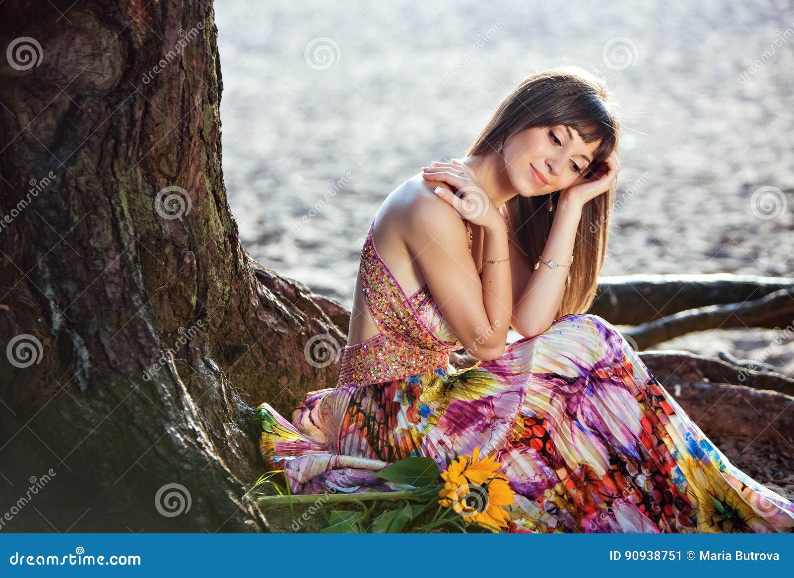 Portrait Of A Cute Tender Girl With Straight Hair In Beautiful C Stock