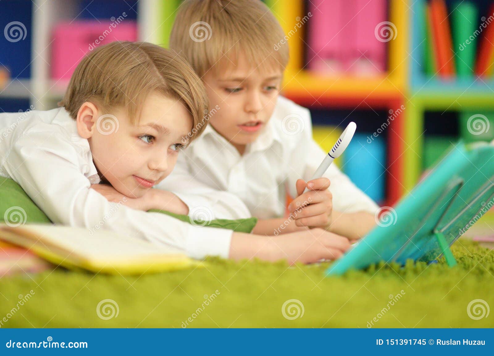 Portrait of Cute Two Boys Doing Homework Stock Image - Image of male ...