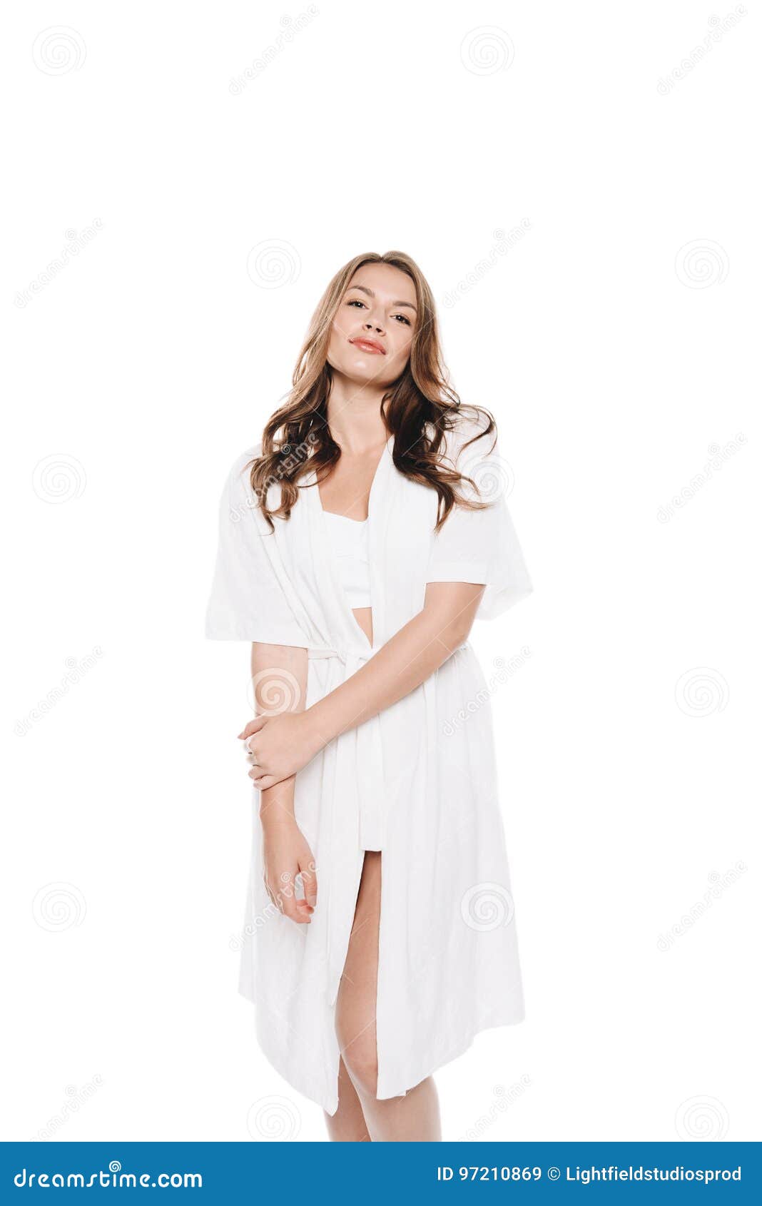 Portrait of Cute Woman in White Robe Posing and Looking at Camera Stock ...
