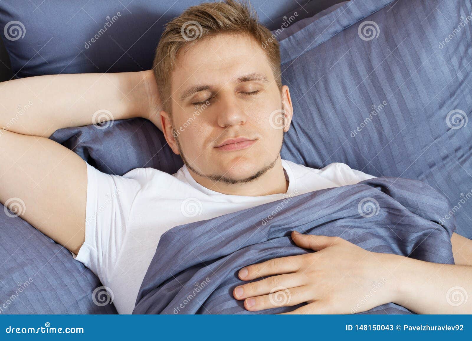 Portrait Cute Young Man Sleeping on Bed Bedroom Stock Image - Image of ...