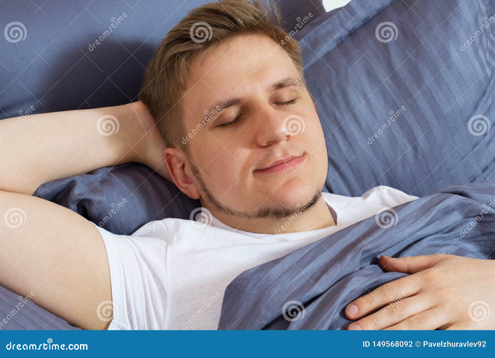 Portrait Cute Young Man Sleeping on Bed Bedroom Stock Photo - Image of ...