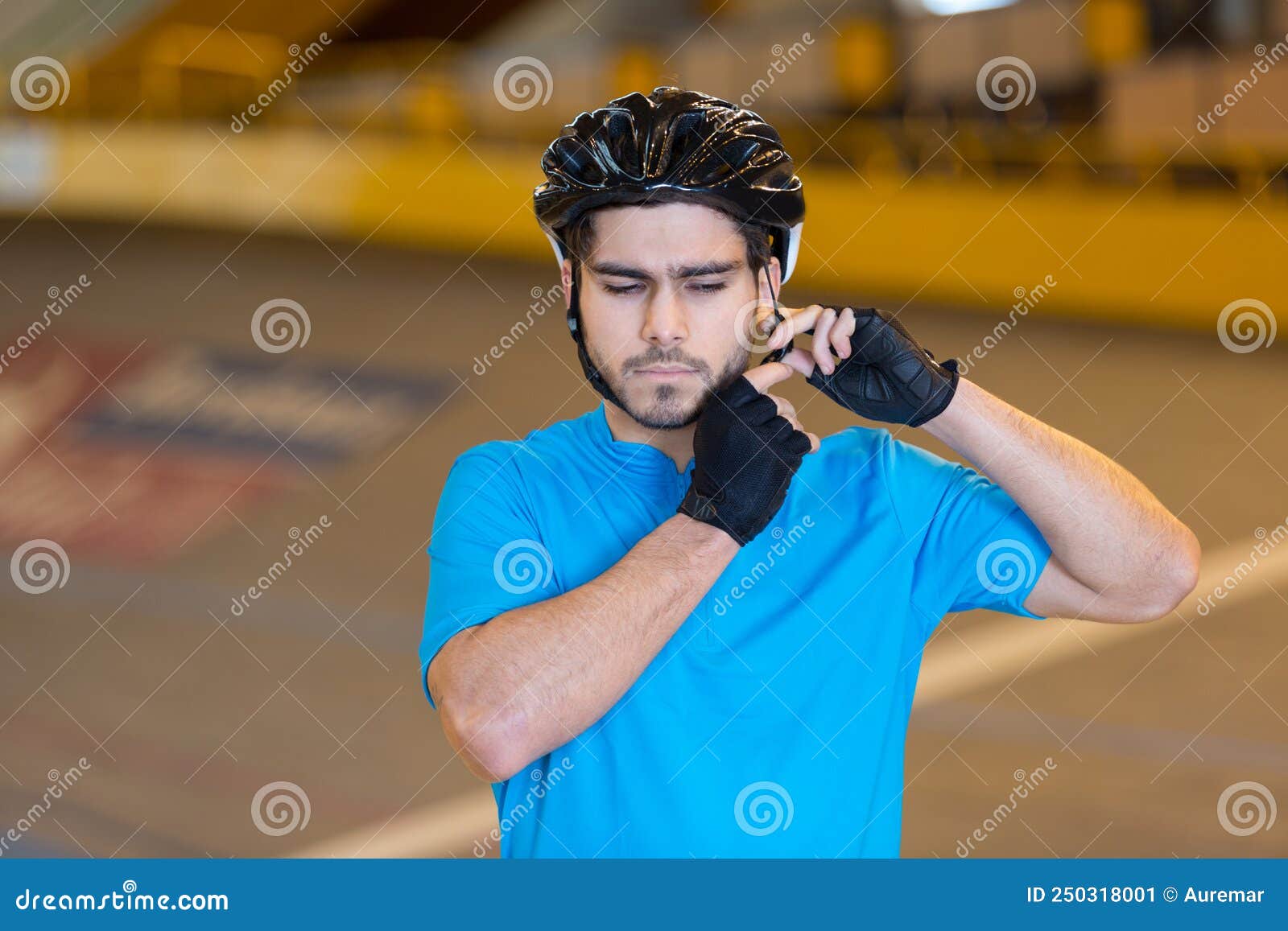 Portrait Cyclist Putting Helmet Stock Image - Image of recreation ...