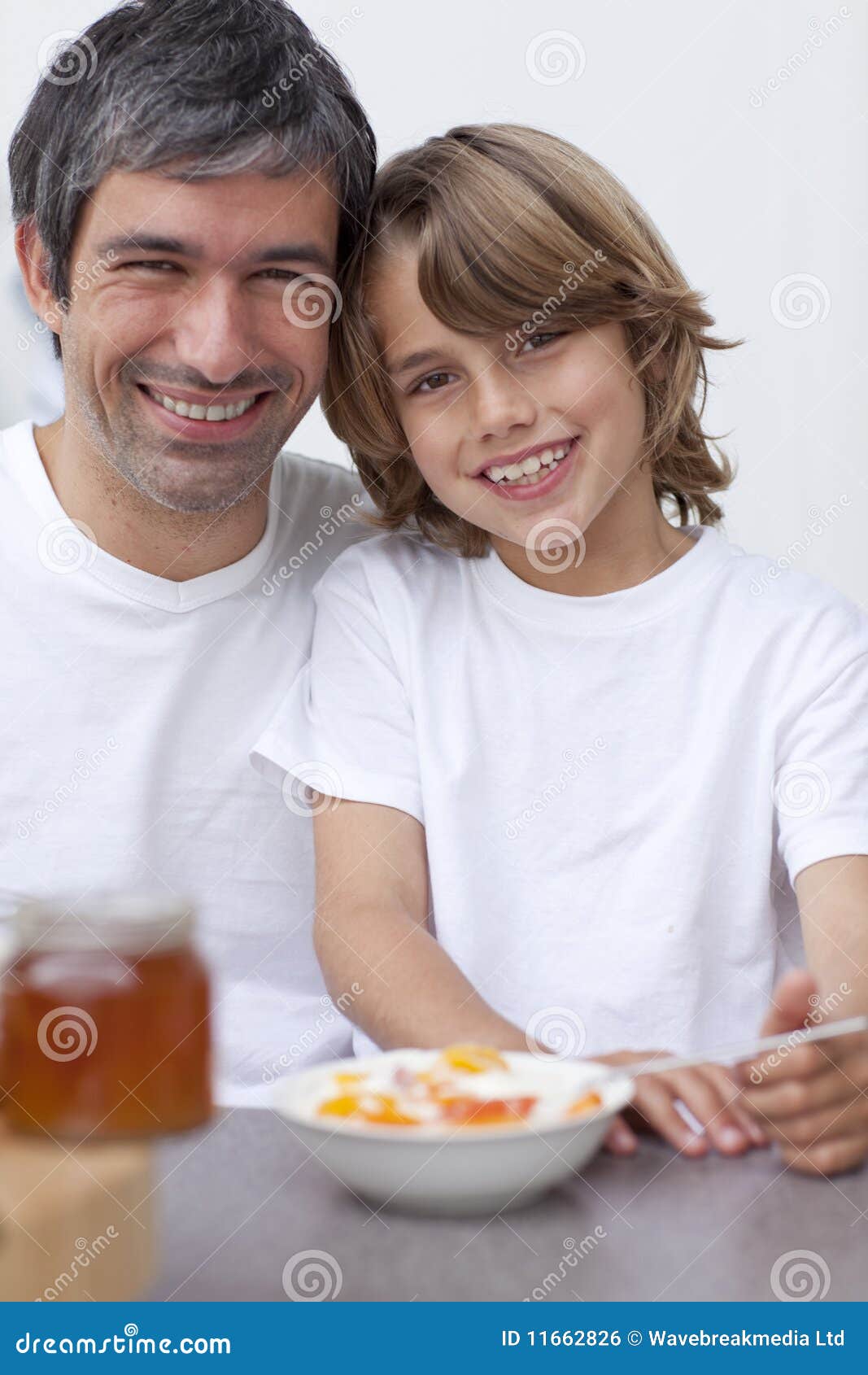 Portrait of Dad and Son Having Breakfast Together Stock Photo - Image ...