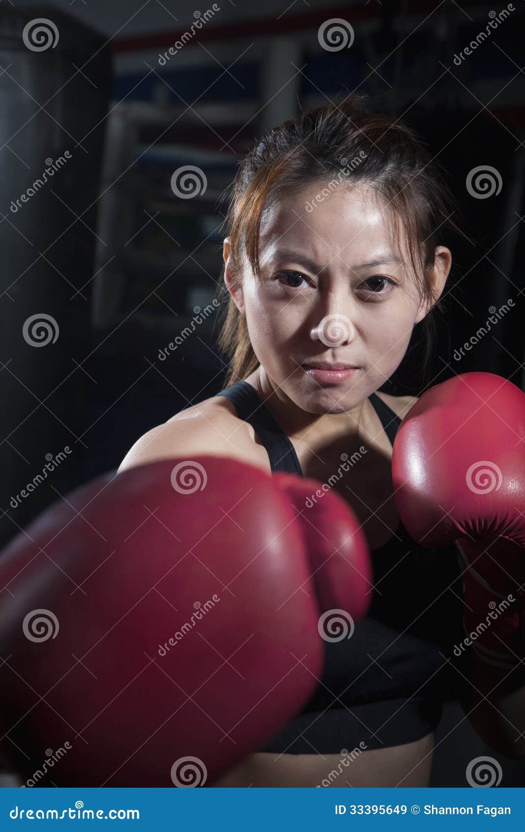 Portrait of Determined Female Boxer in Fighting Stance Looking at ...
