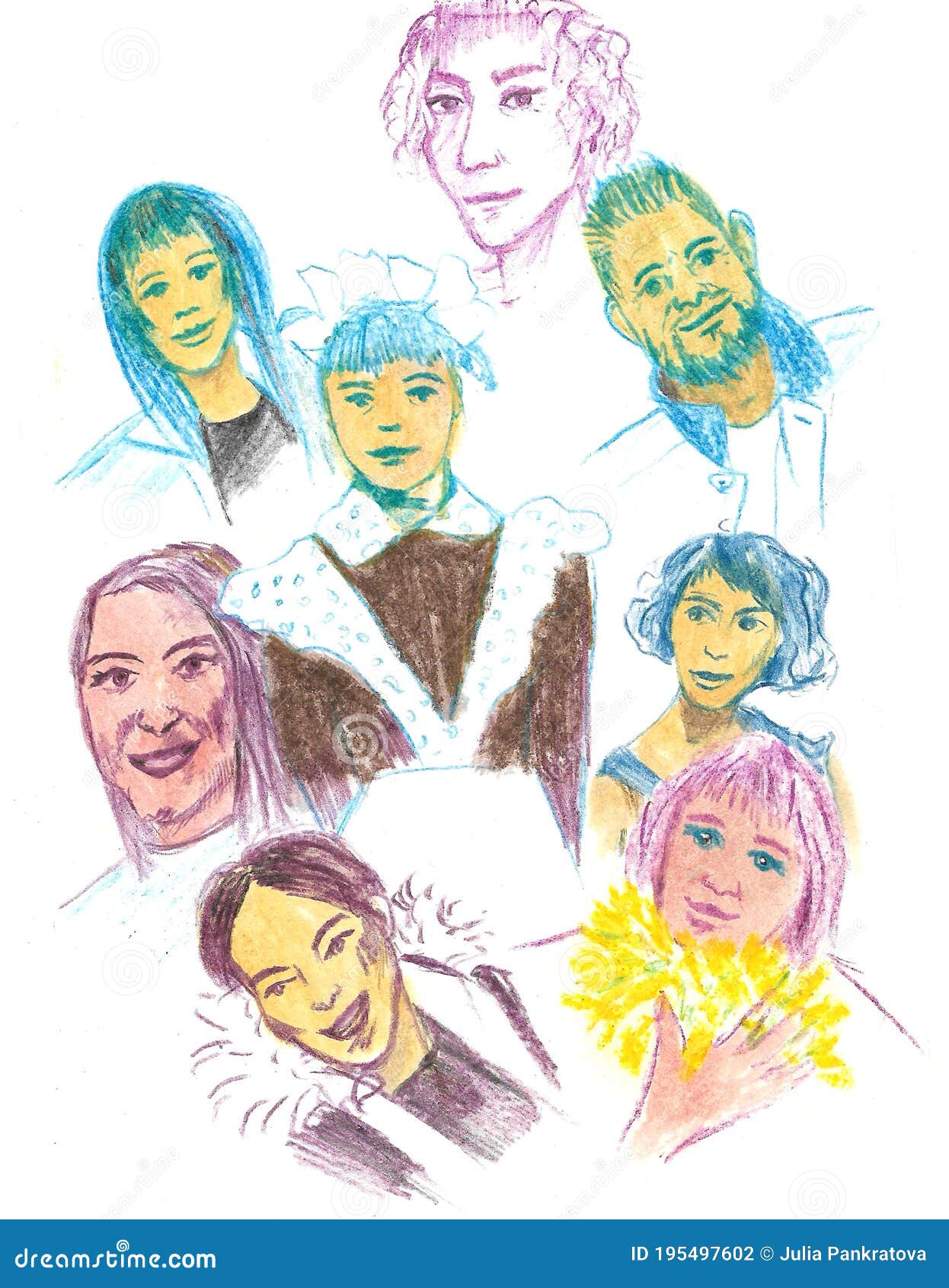 Portrait of Different People on One Sheet, Hand Drawn Illustration ...