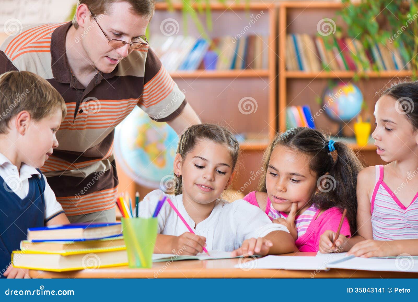 Portrait of Diligent Schoolkids and Their Teacher Stock Image - Image ...