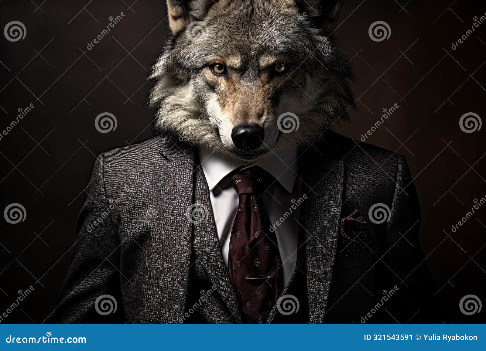 Striking Portrait of a Wolf with Human Attire on a Dark Backdrop Stock ...