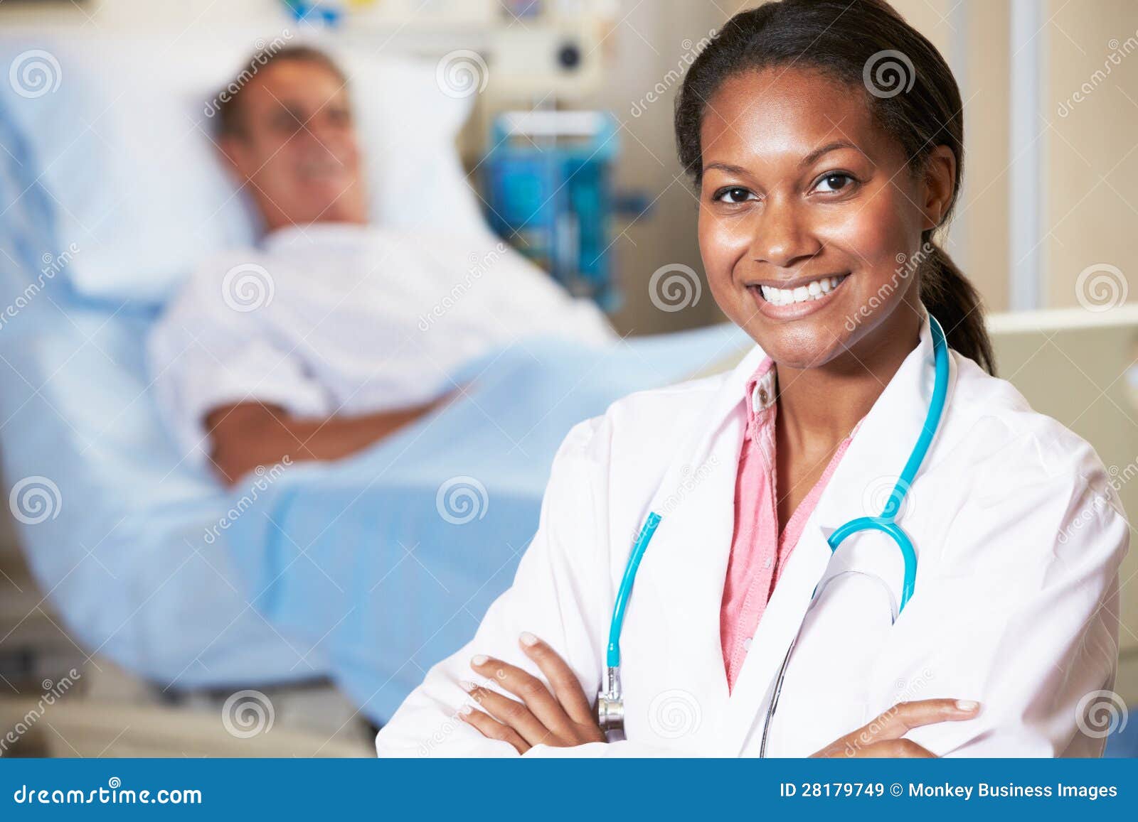 Portrait of Doctor with Patient in Background Stock Image - Image of ...