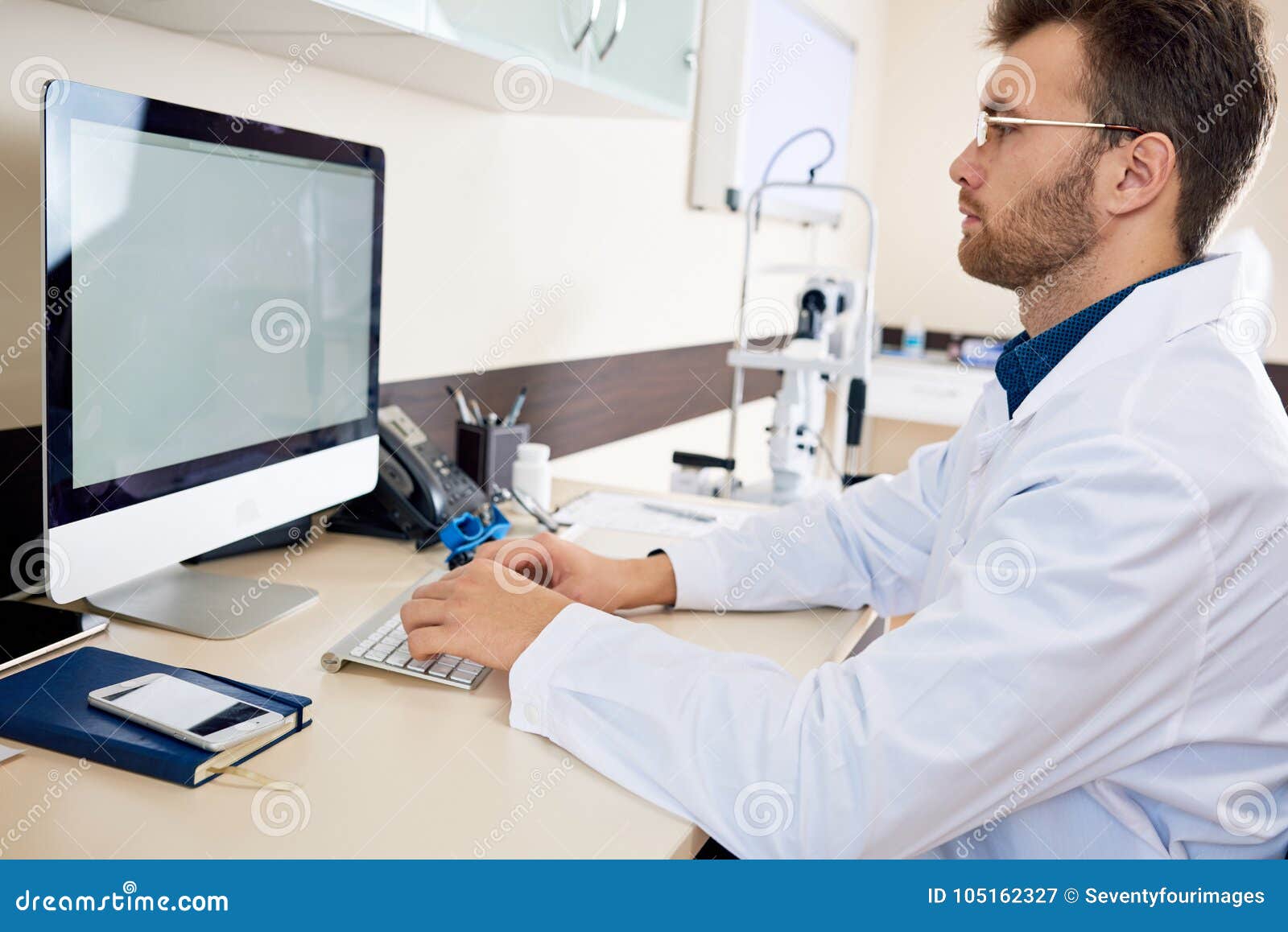 Doctor Working with Computer in Office Stock Image - Image of medical ...