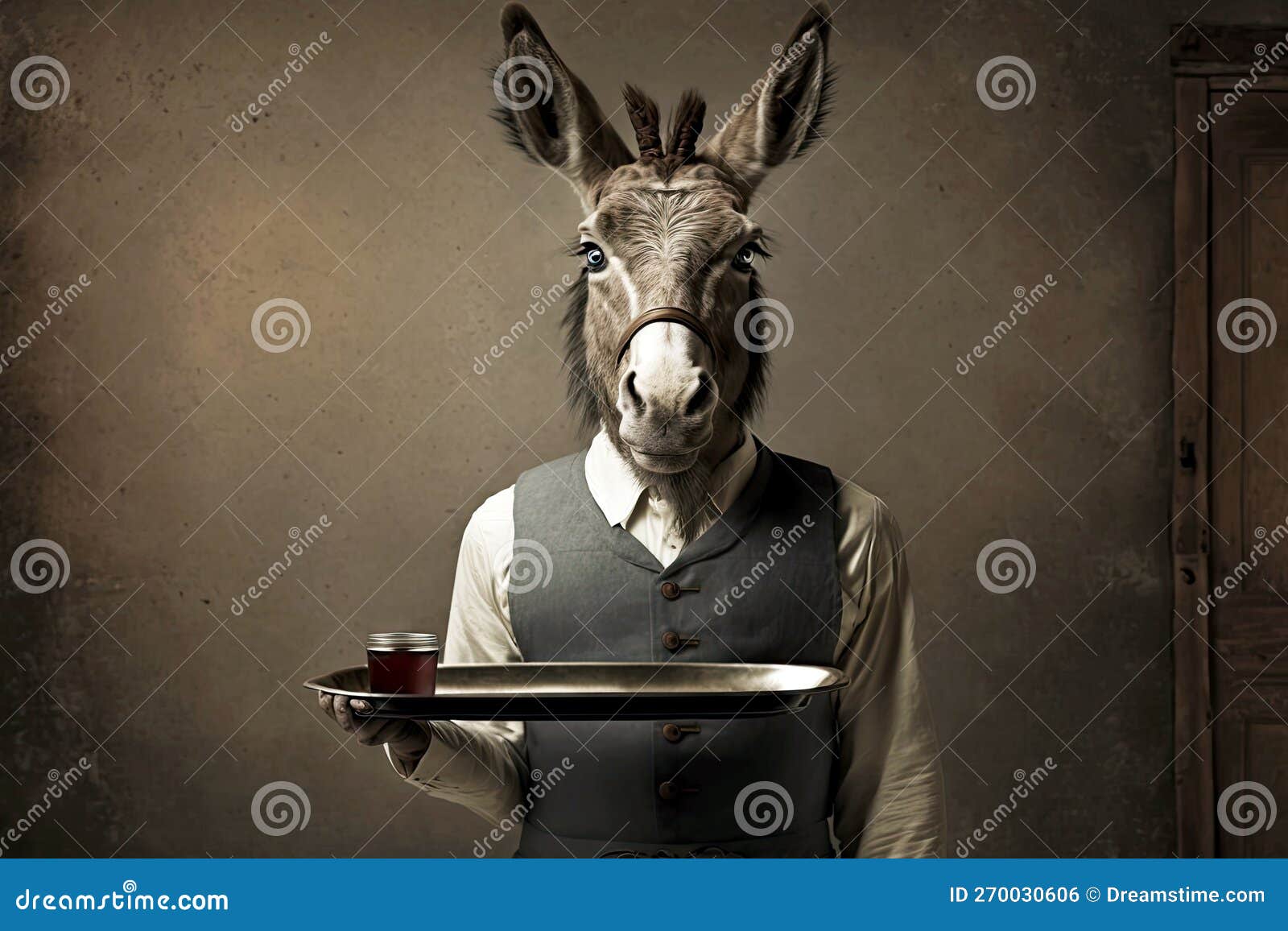 Portrait of Donkey As a Waiter with an Empty Tray Stock Illustration ...