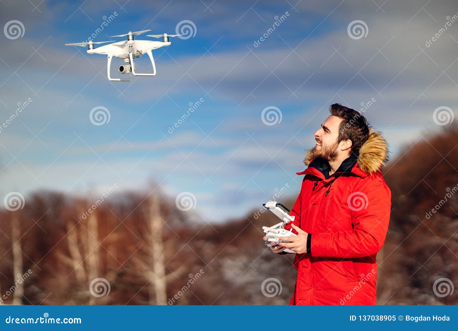 Portrait of Drone Operator Flying Uav Aircraft, Quadcopter. Technology ...