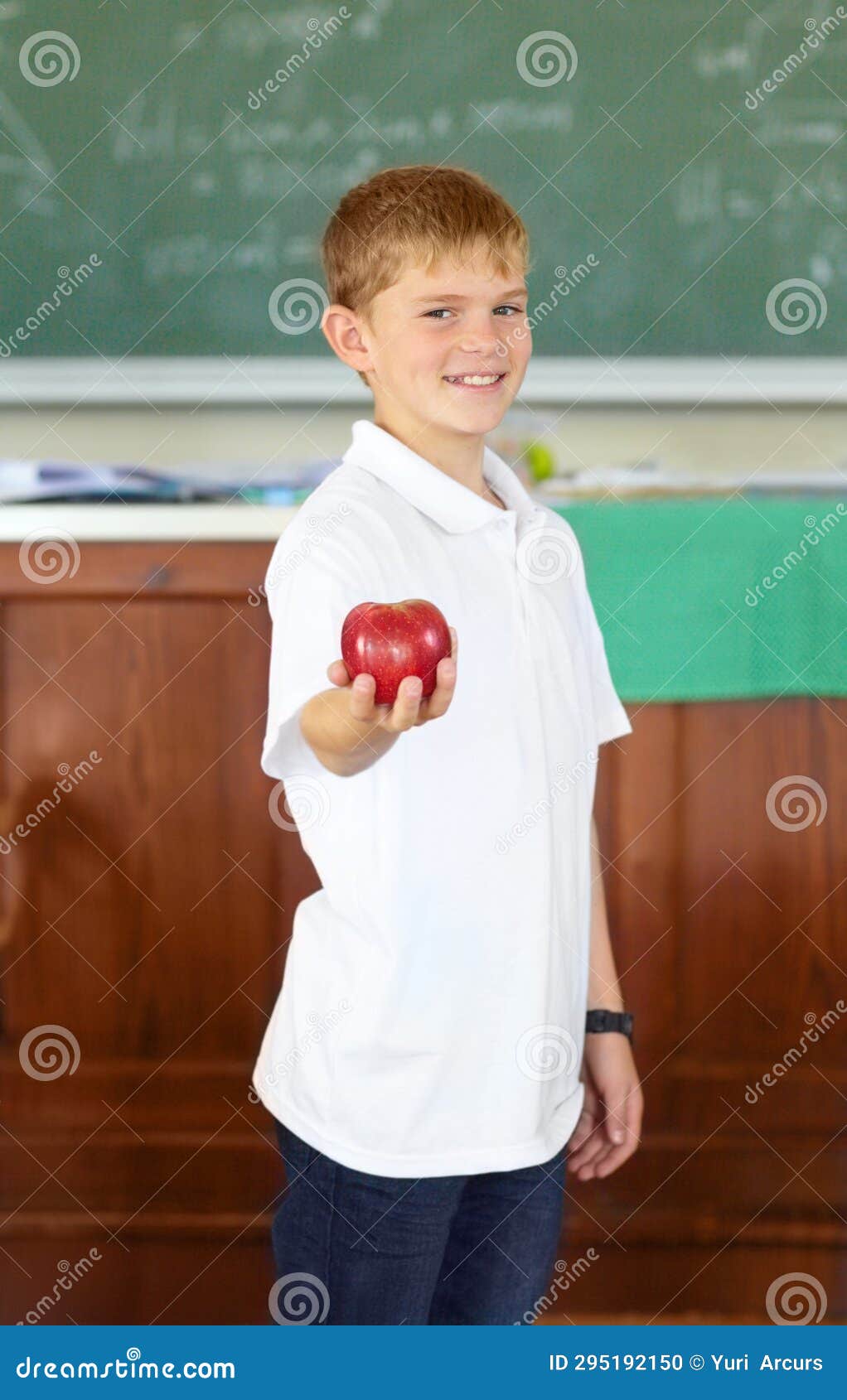 Portrait, Education and Apple with a Boy Child in a Classroom for ...