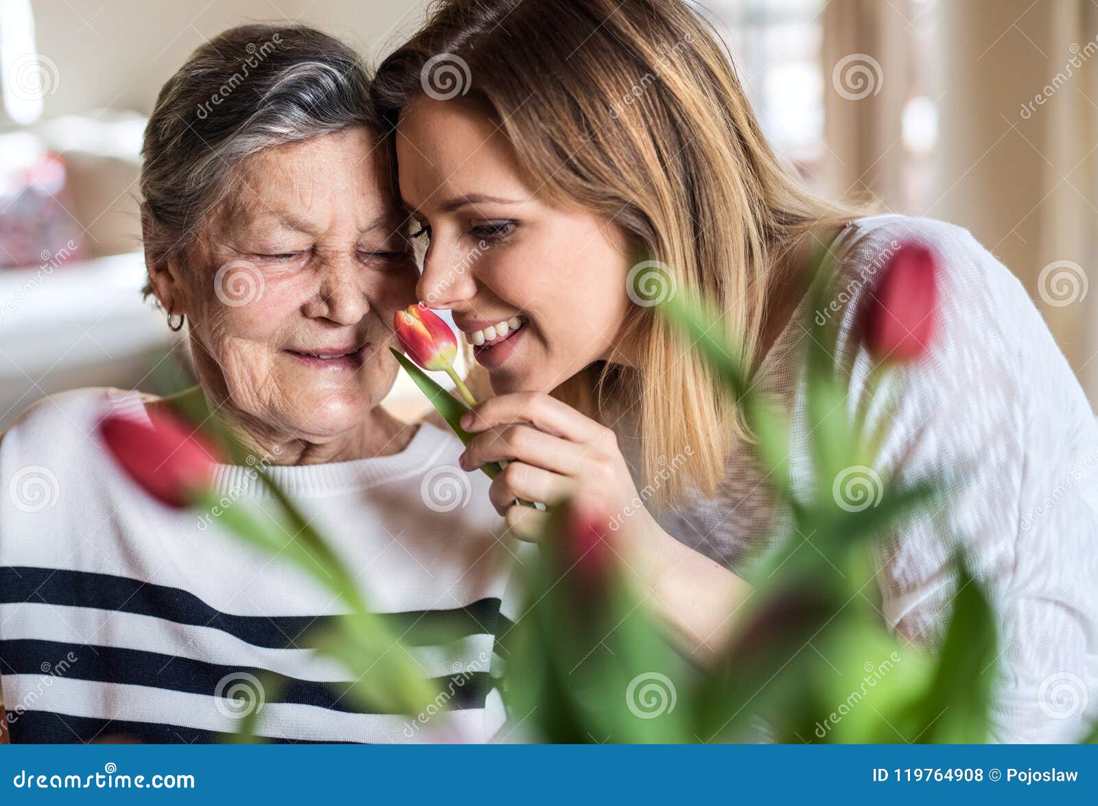 An Elderly Grandmother With An Adult Granddaughter At Home Smelling