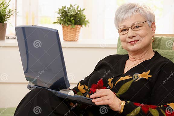 Portrait of Elderly Lady with Computer Stock Photo - Image of face ...