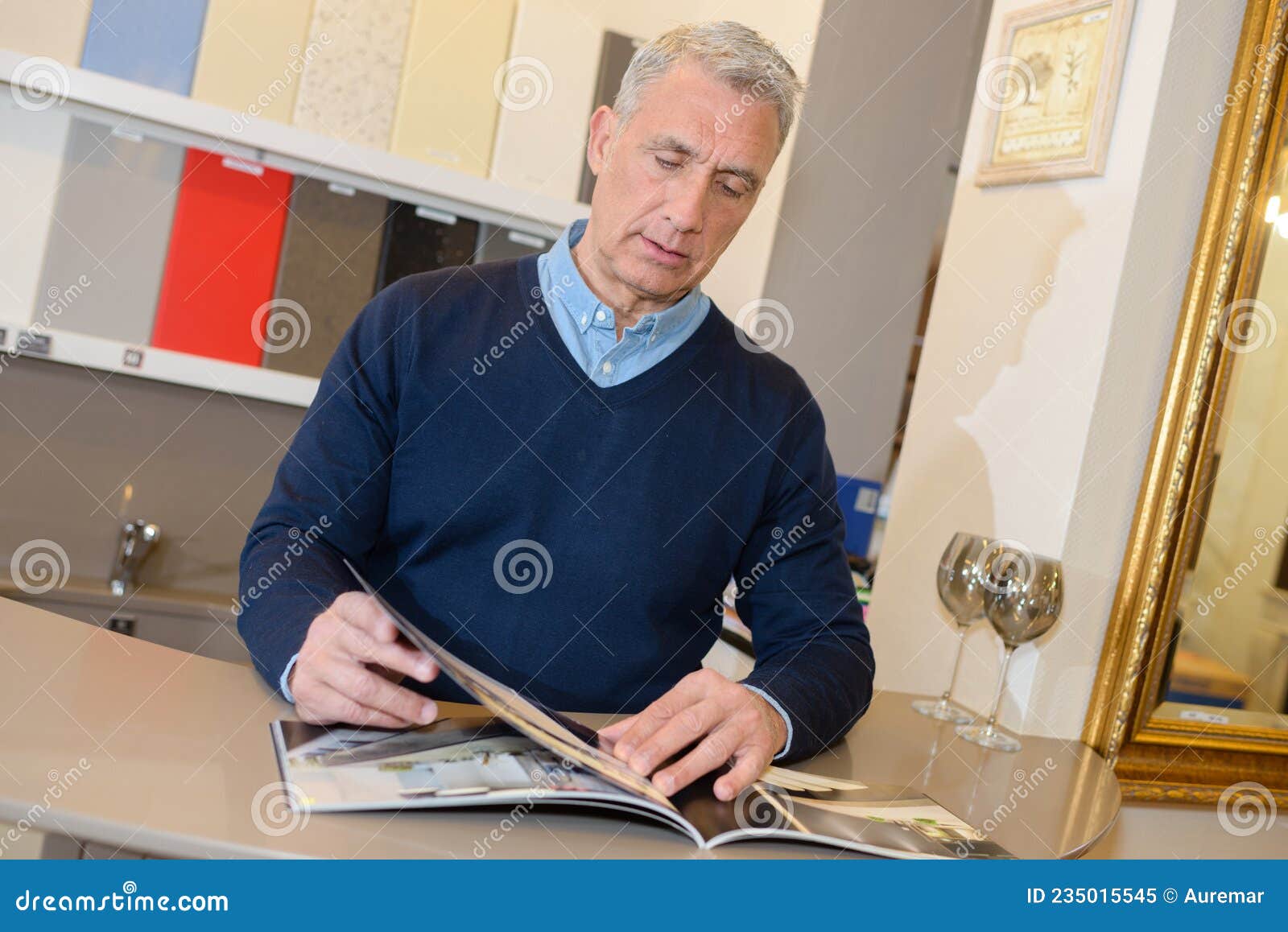 Portrait Elderly Man Reading Magazine at Home Stock Image - Image of ...