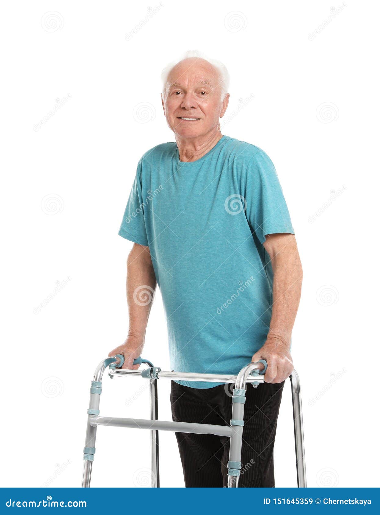 Portrait of Elderly Man Using Walking Frame Isolated Stock Image ...