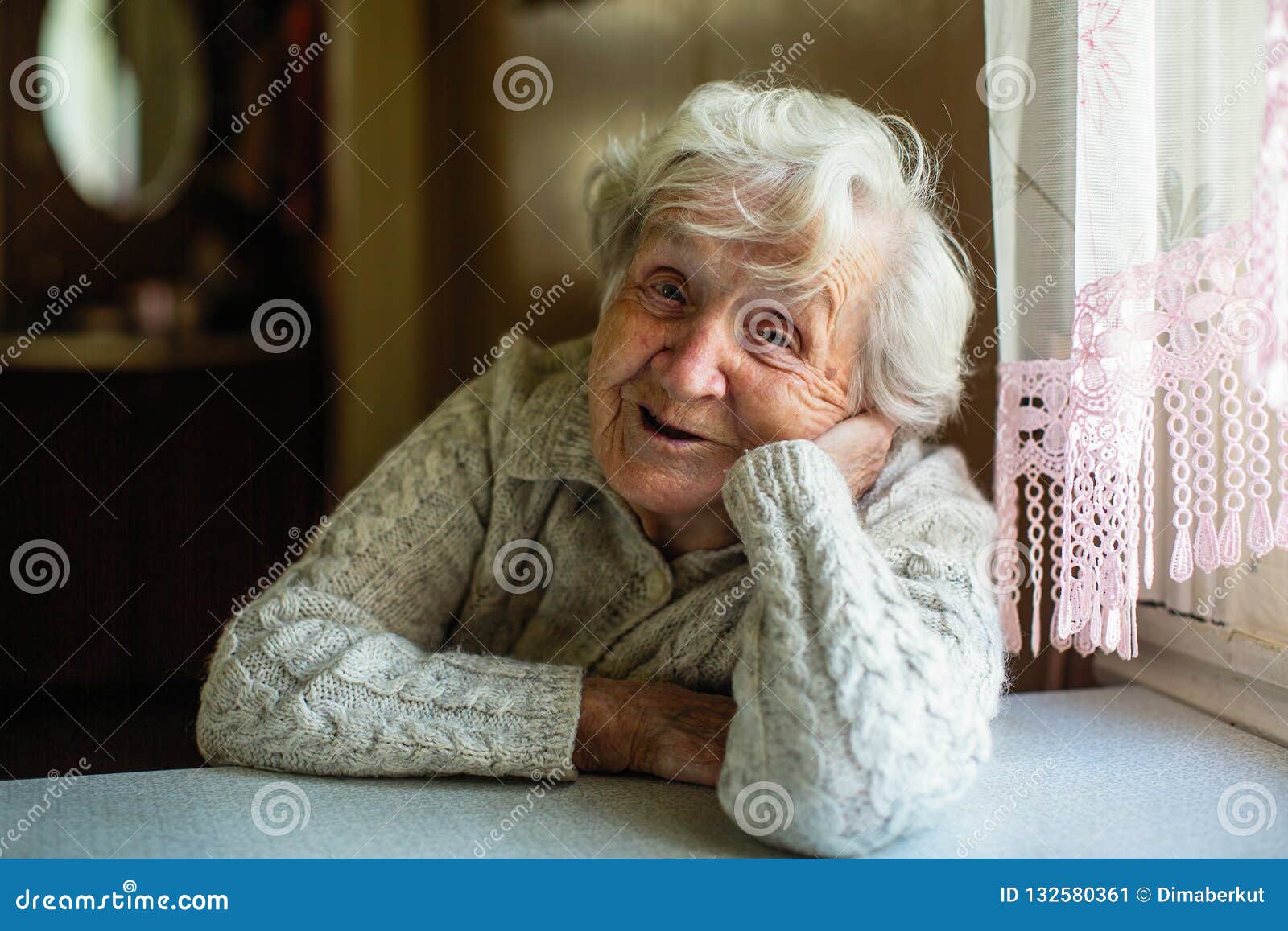 Portrait of Elderly Lady Sitting at the Table. Stock Image - Image of ...
