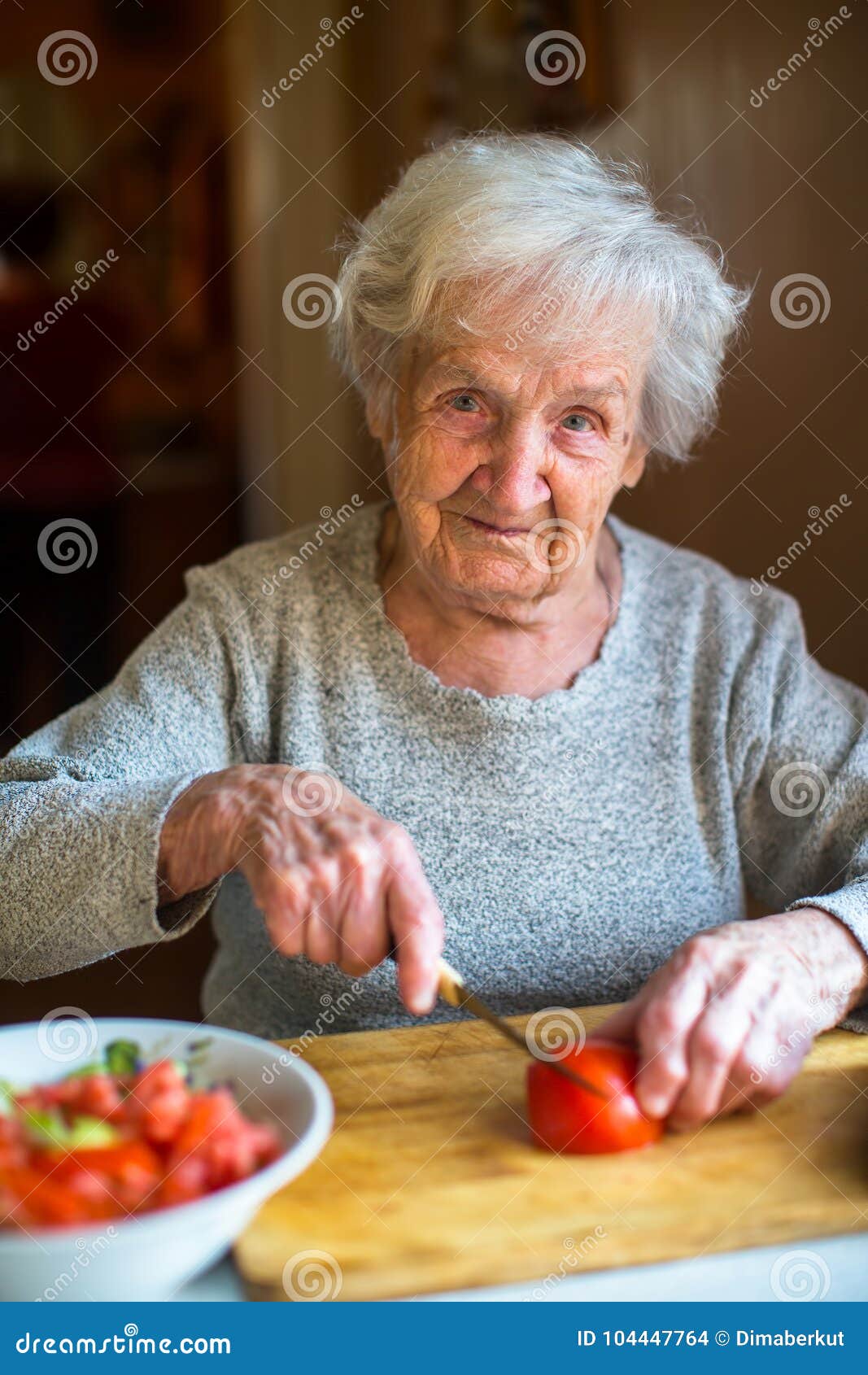 Elderly Woman Chops Vegetables for Salad. Stock Photo - Image of fresh ...