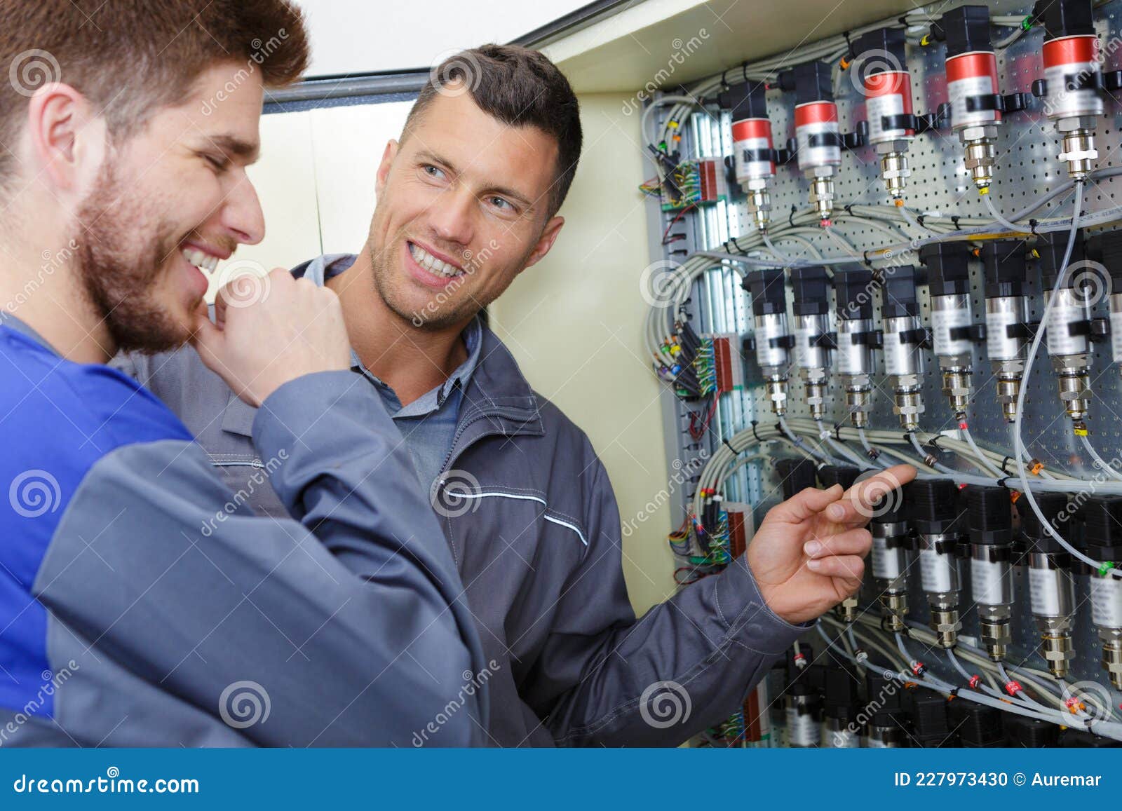 Portrait Electrical Engineers Laughing Stock Photo - Image of roof ...
