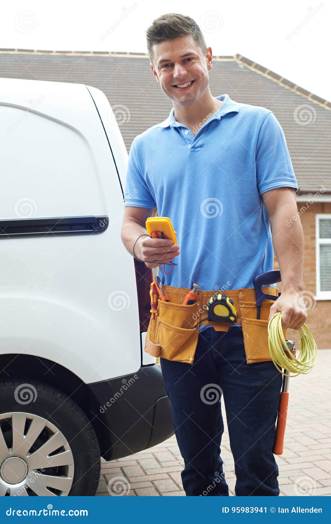 Portrait of Electrician with Van Outside House Stock Image - Image of ...