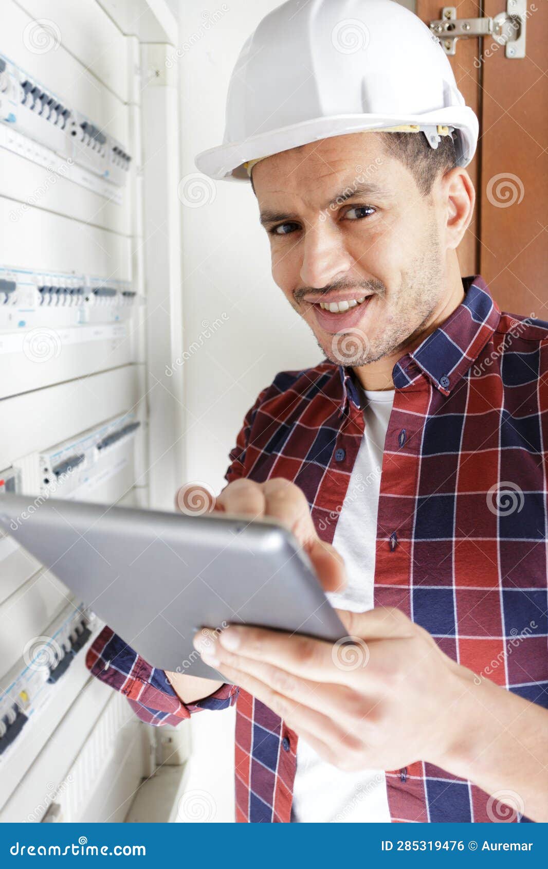 Portrait Electrician at Work Using Digital Tablet Stock Photo - Image ...