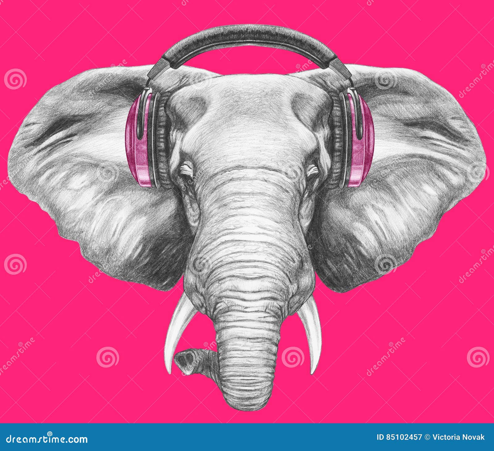 Portrait of Elephant with Headphones. Stock Illustration - Illustration ...