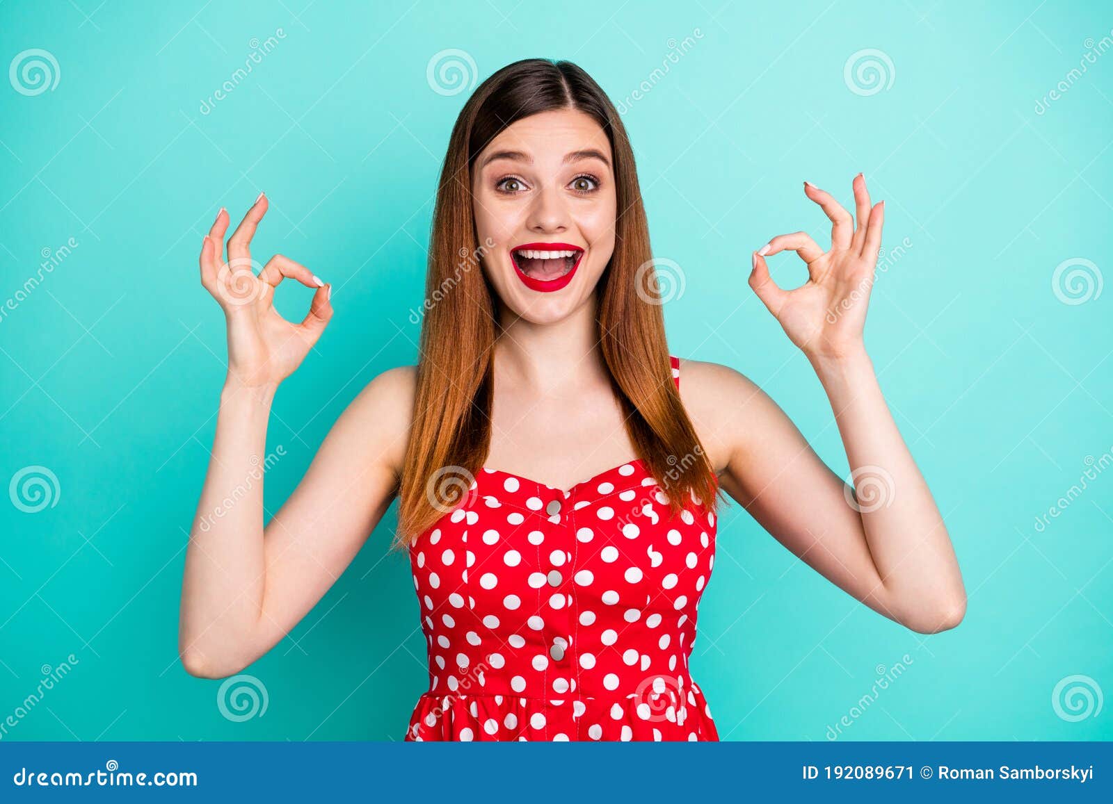 Portrait Of Energetic Positive Cheerful Girl Show Okay Sign Recommend