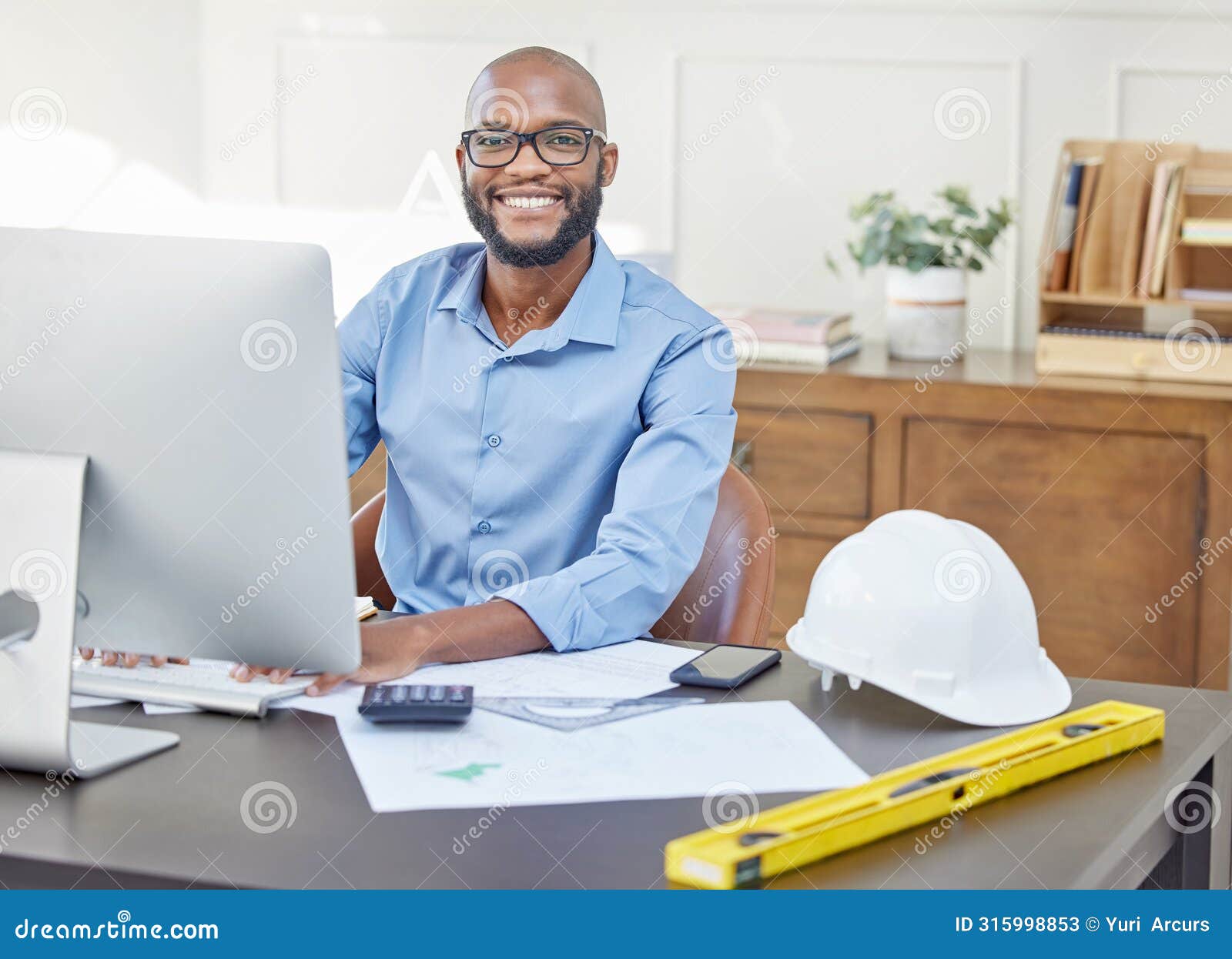 Portrait, Engineer or Architect Black Man with Computer at Desk for ...