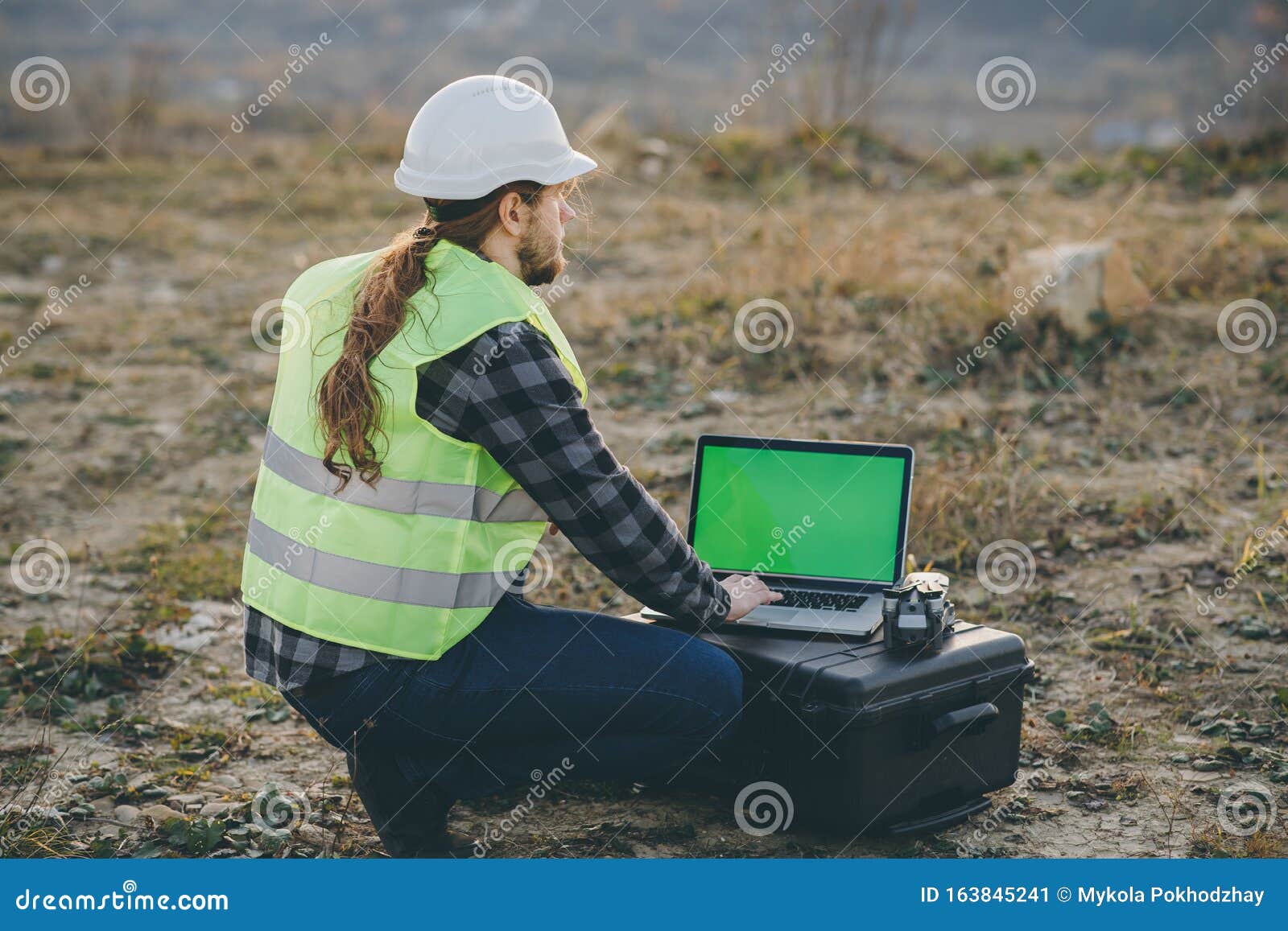 Construction Worker, Caucasian Man Working with Safety Helmet and Using ...