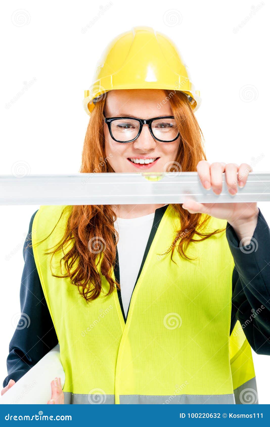 Portrait of an Engineer Woman with a Ruler on a White Stock Photo ...