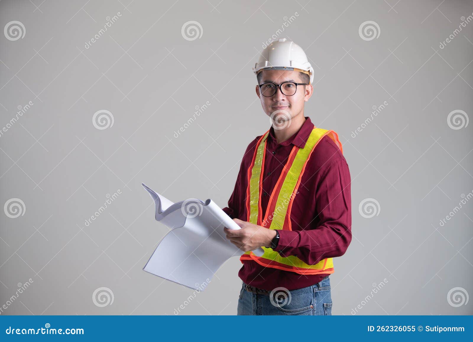 Portrait Man Engineering Wear Uniform And Safety Helmet Isolated On ...