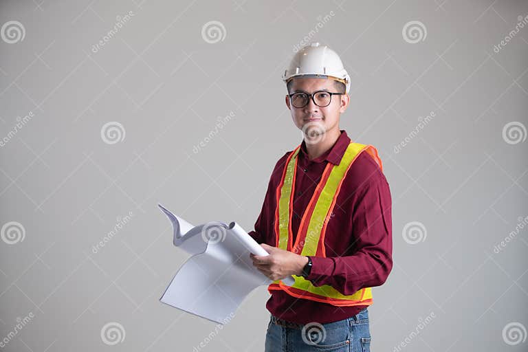 Portrait Engineering Holding the Blueprint Stock Image - Image of ...