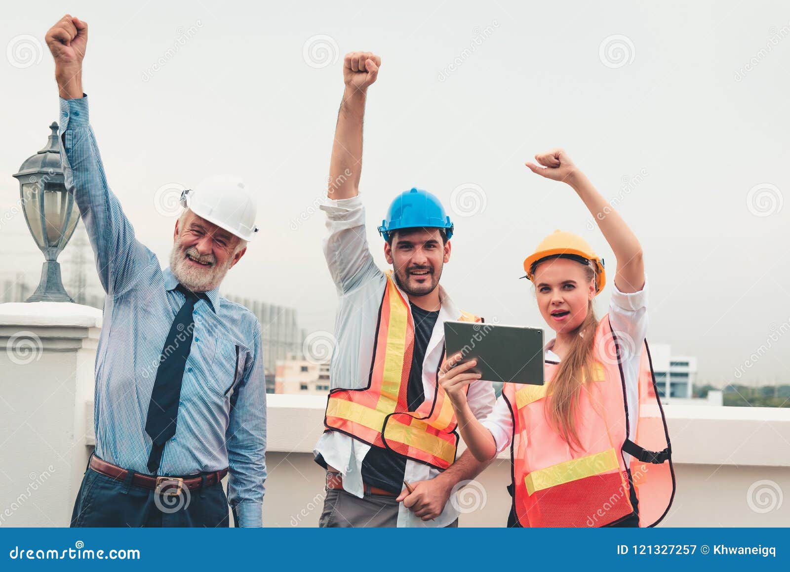 Portrait of Engineering Teamwork are Showing Hands Up after Business ...