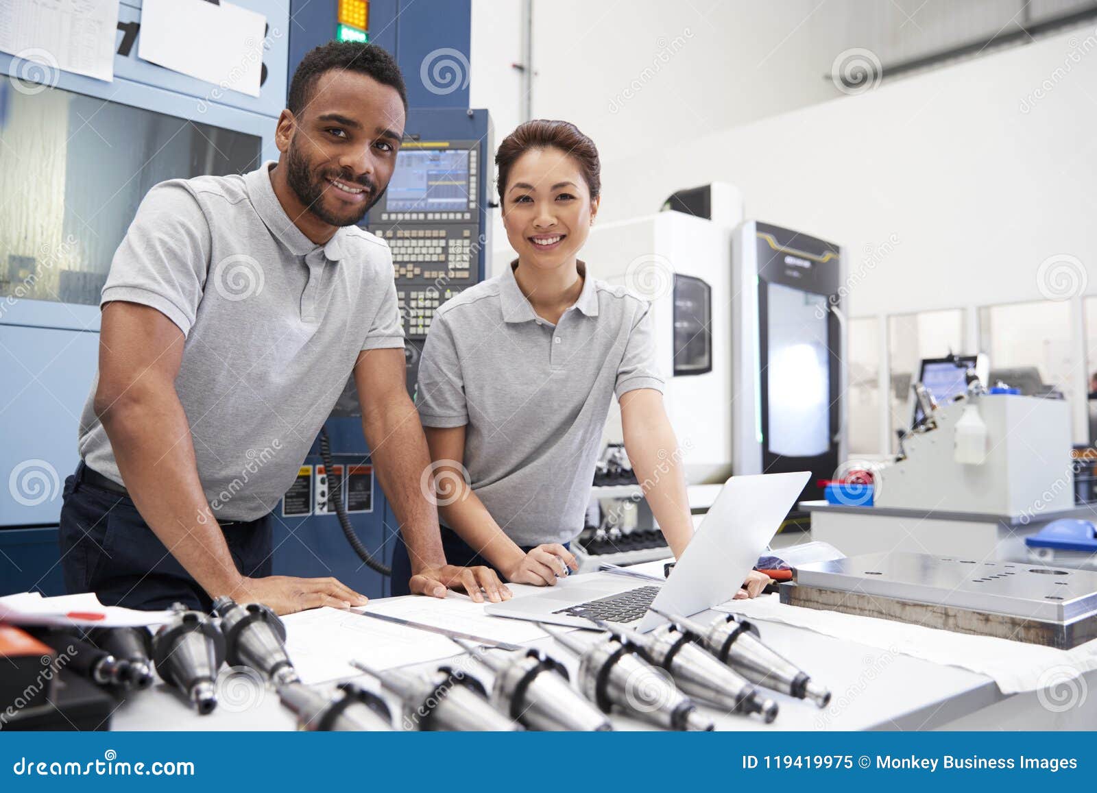 Portrait of Engineers Using CAD Programming Software on Laptop Stock ...