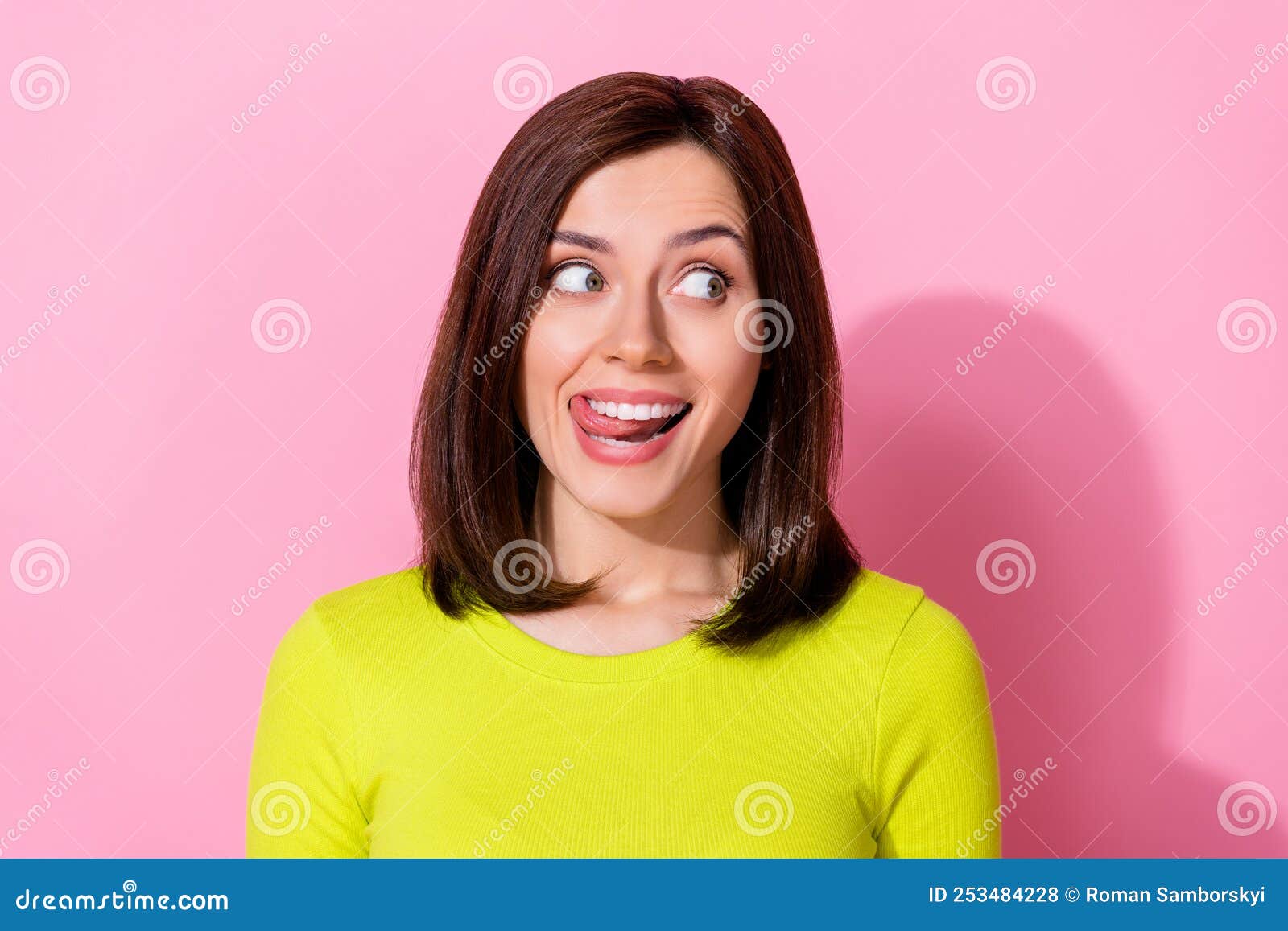 Portrait Of Excited Lovely Lady Tongue Lick Teeth Look Interested Empty