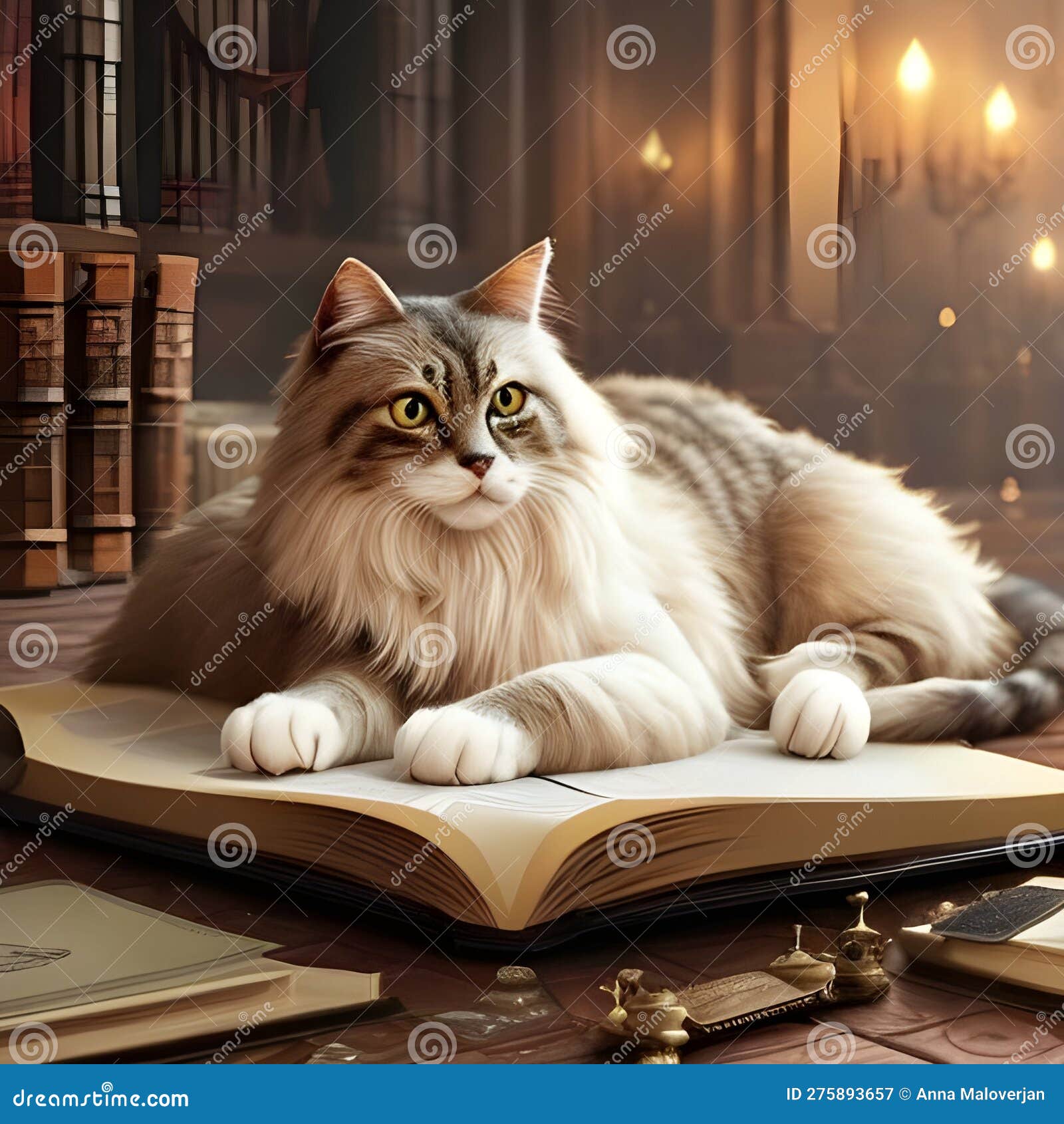 Portrait of a Fantasy Cat with Book Stock Illustration - Illustration ...