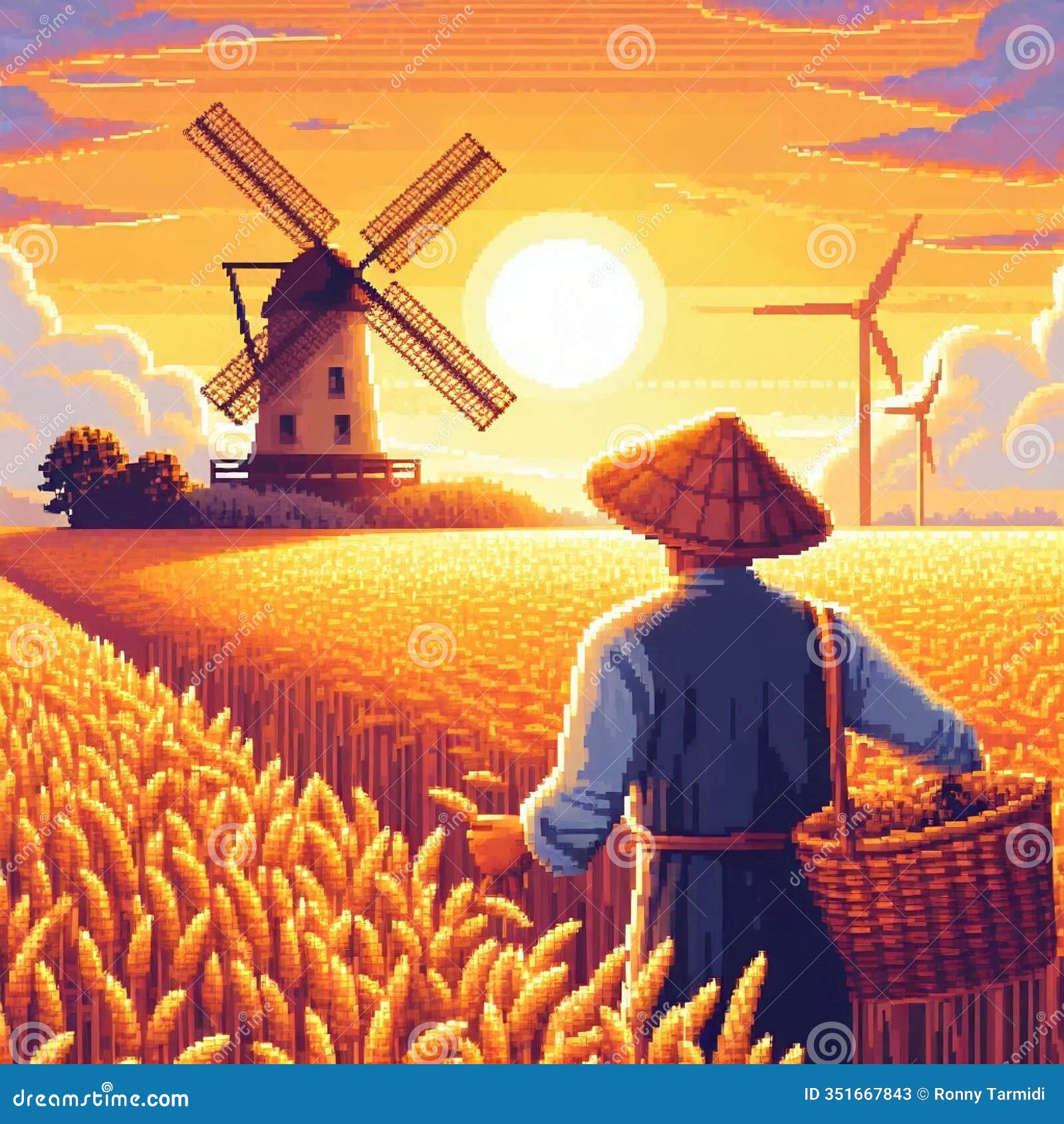 Portrait Of Farmer Harvesting Rice, Pixel Art Stock Image ...