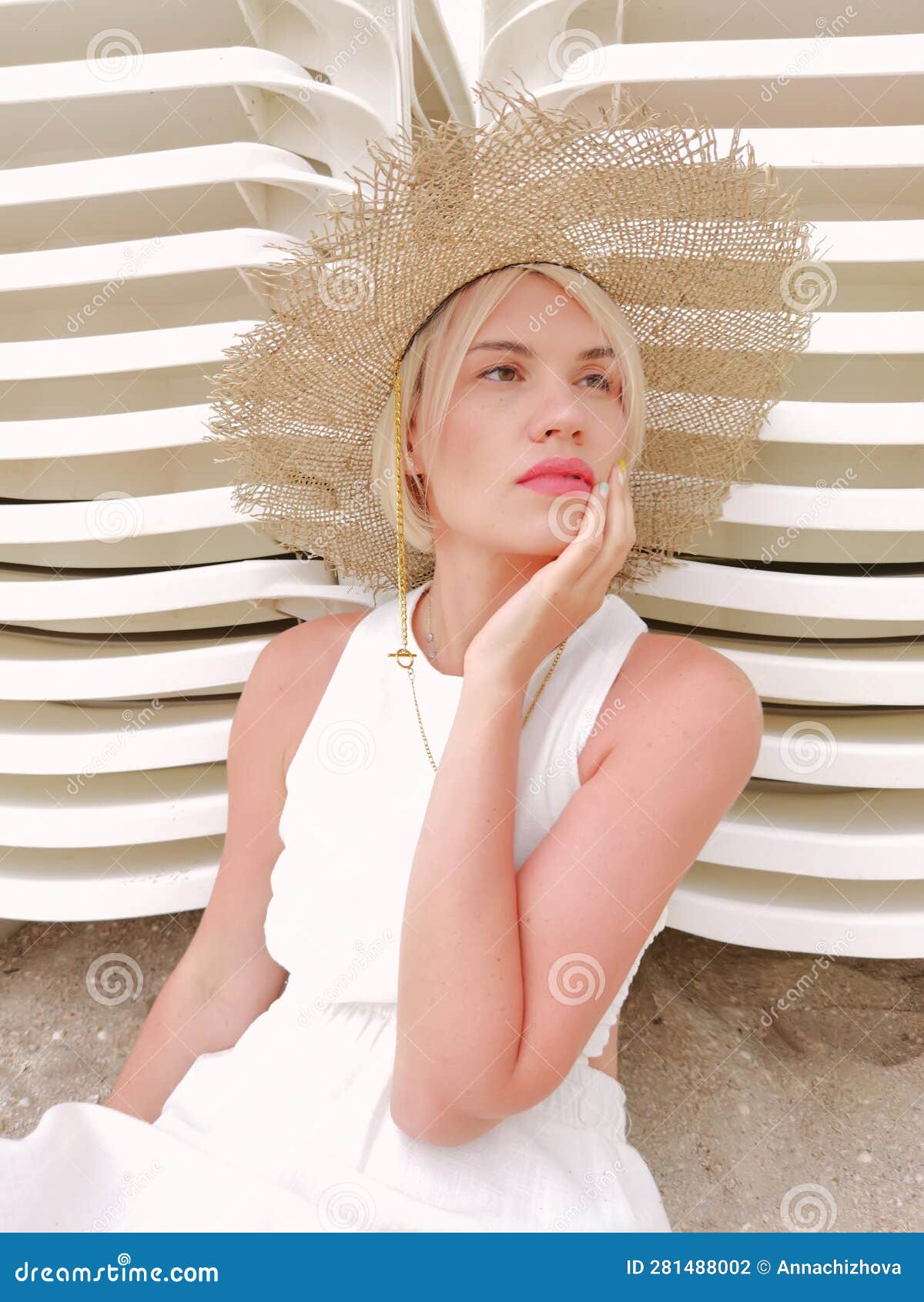 Portrait Of Fashion Young Woman Wearing A Straw Hat Sensual Girl