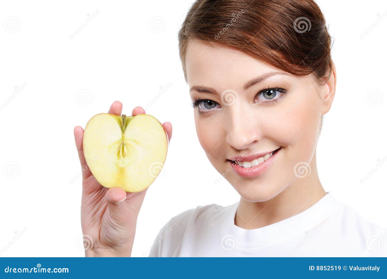 Portrait of Female with Apple Stock Image - Image of happiness, loss ...