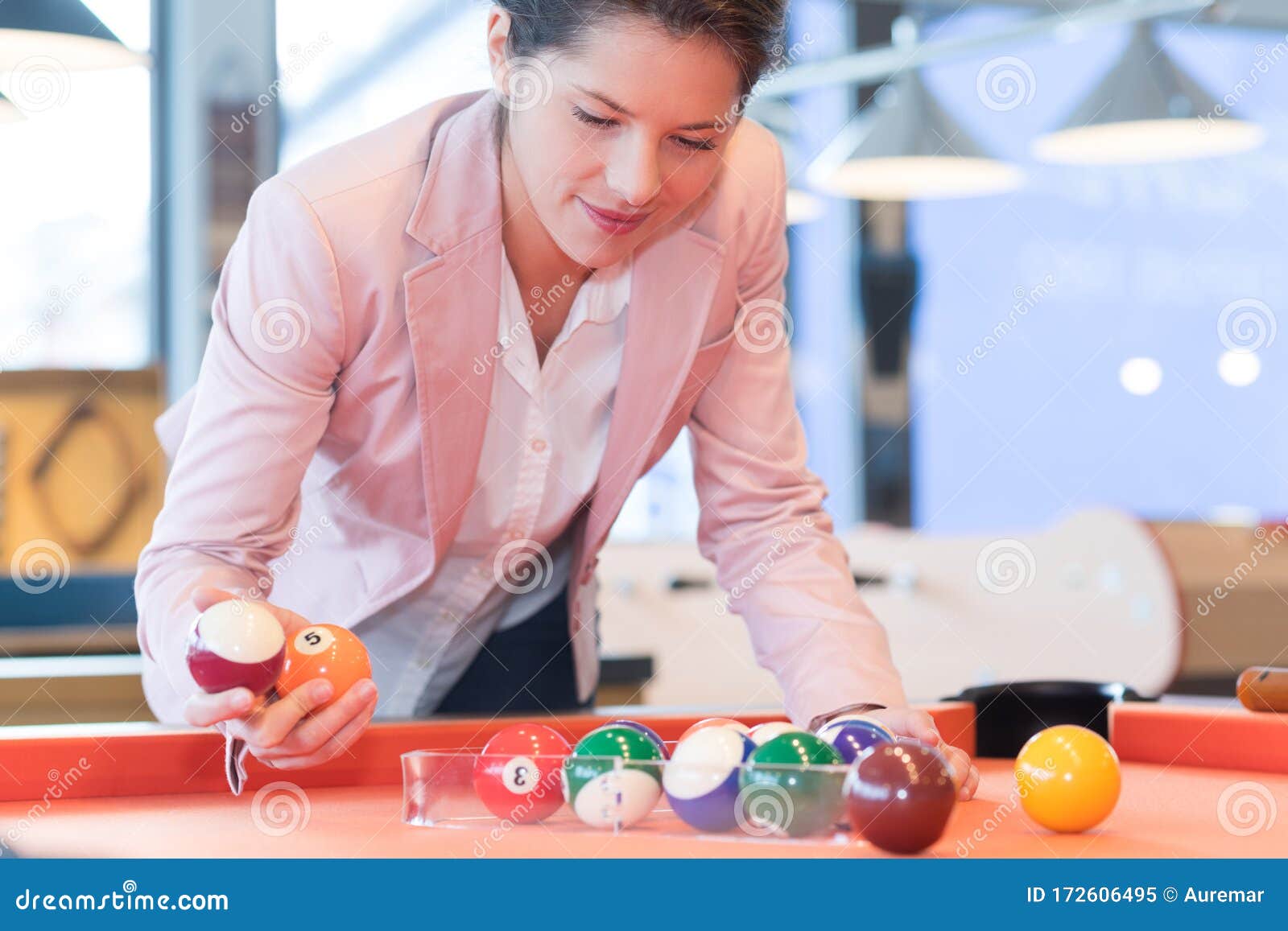 Portrait Female Arranging Billiard Balls Stock Image - Image of snooker ...