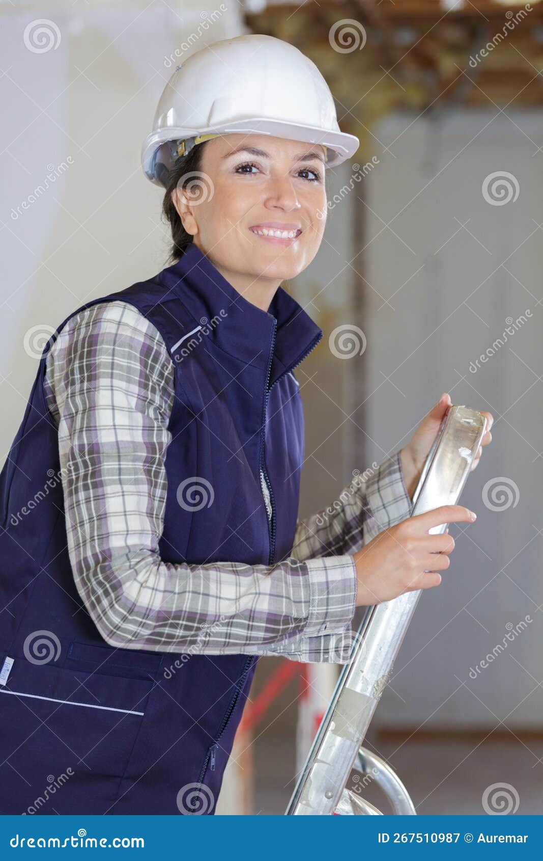 Portrait Female Builder on Stepladder Stock Image - Image of caucasian ...