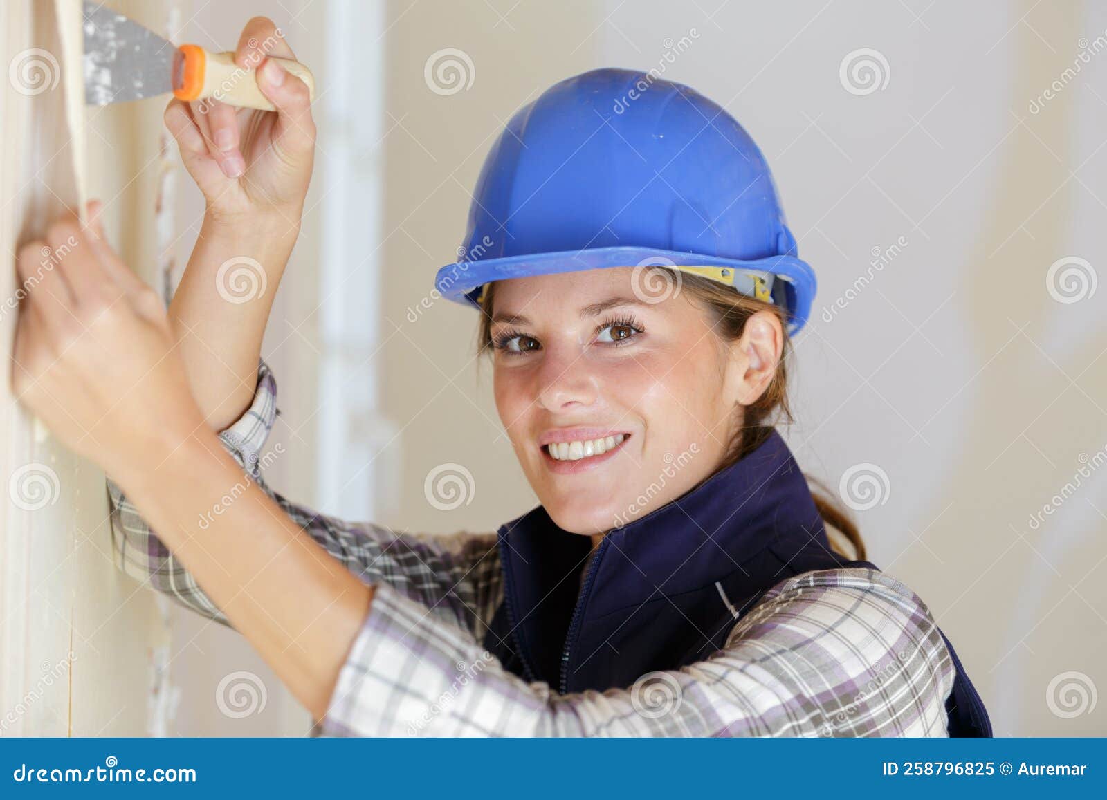 Portrait Female Builder Stripping Wallpaper Stock Image - Image of ...