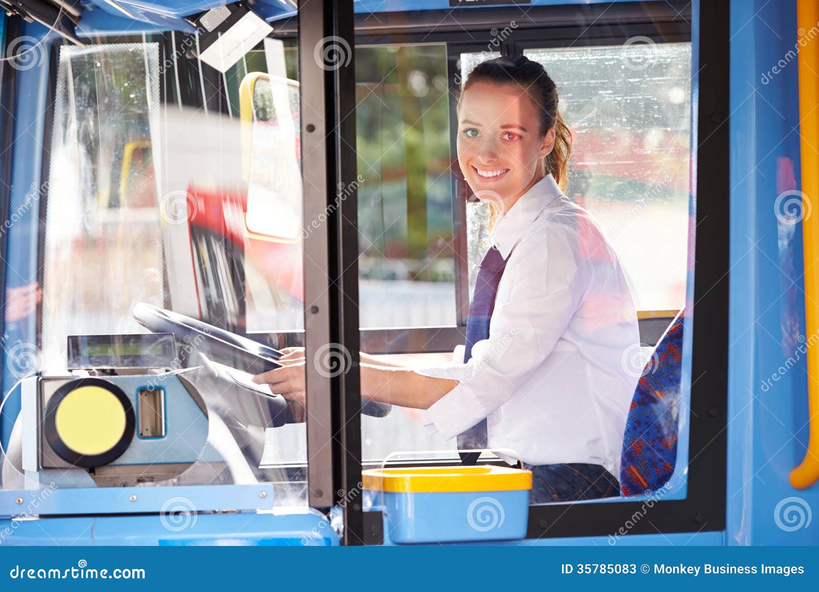 Portrait of Female Bus Driver Behind Wheel Stock Image - Image of ...